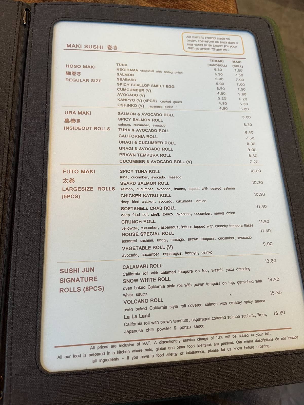 Menu at Sushi Jun restaurant, Farnham
