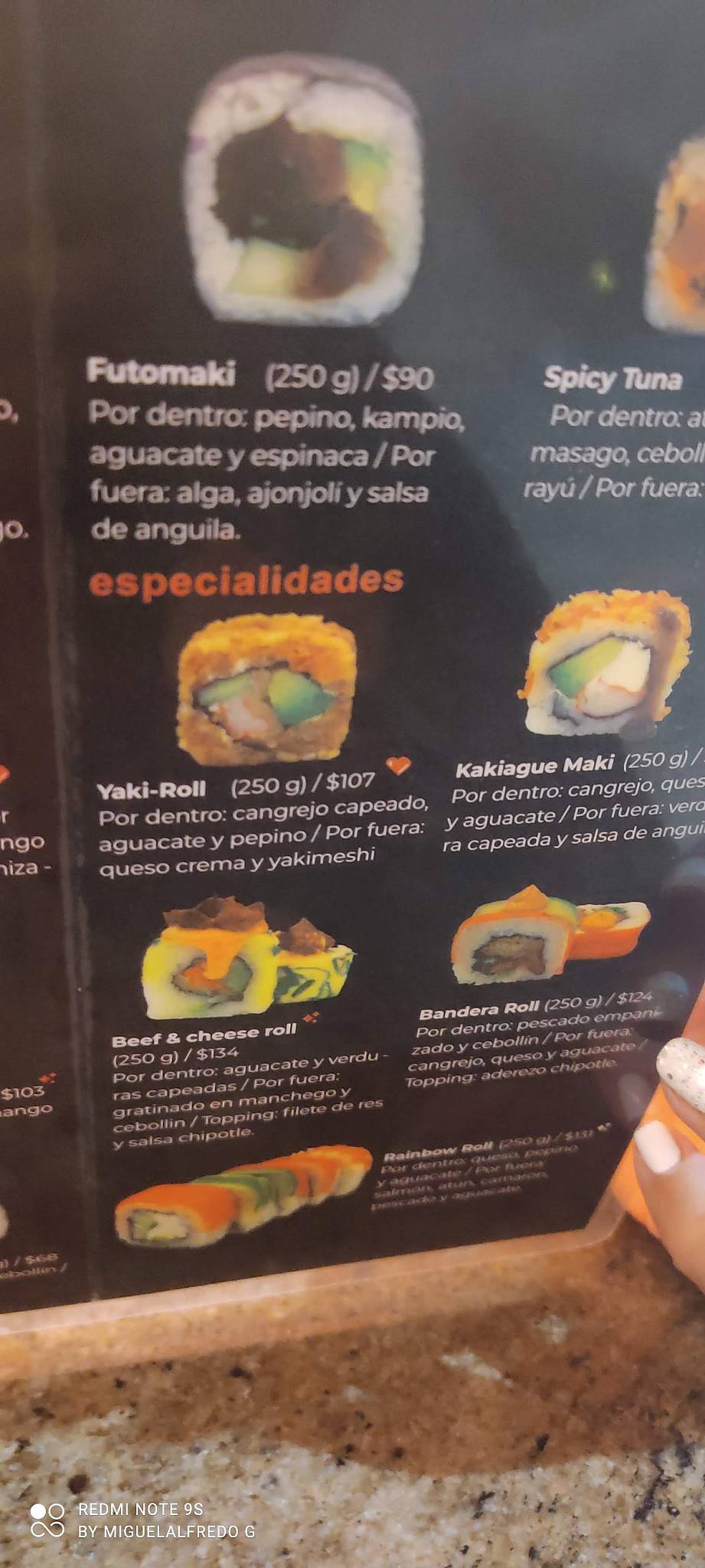 Carta del restaurante Sushi Ken, Playa del Carmen