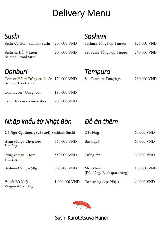 Menu at Sushi Kurotetsuya restaurant, Hanoi