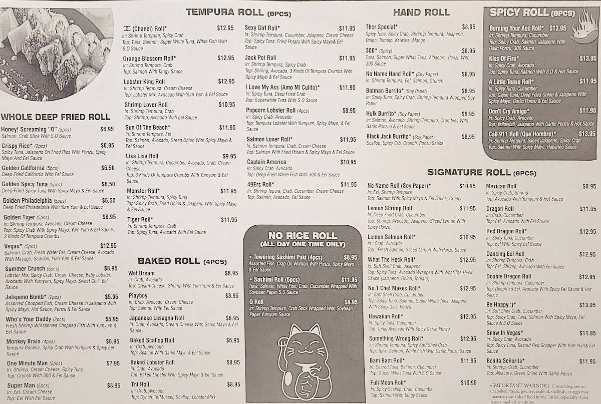 Menu at Sushi Neko restaurant, Las Vegas, W Spring Mountain Rd # 117