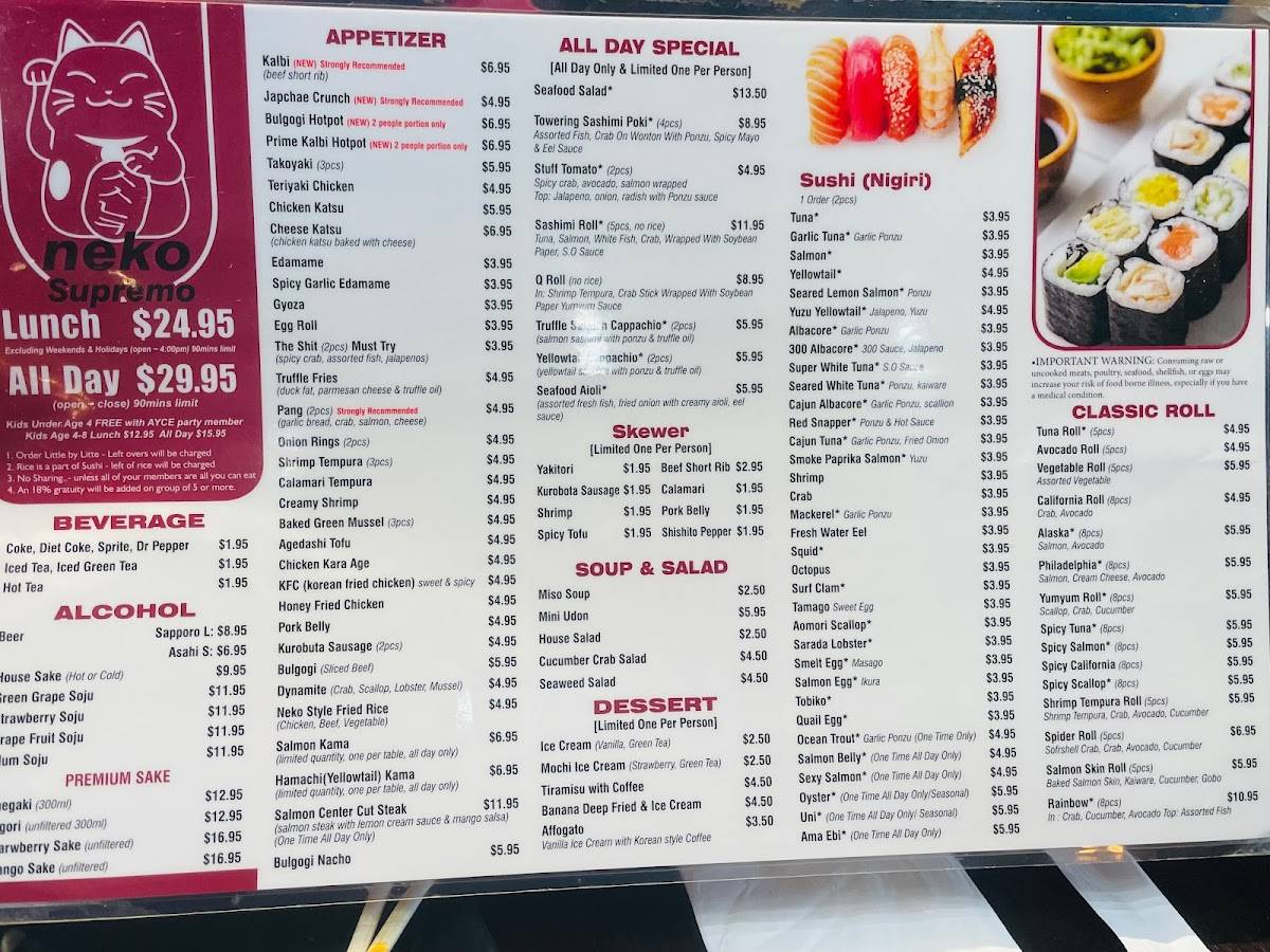 Menu at Sushi Neko restaurant, Las Vegas, W Spring Mountain Rd # 117