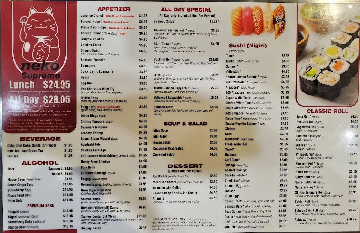 Menu at Sushi Neko restaurant, Las Vegas, W Spring Mountain Rd # 117