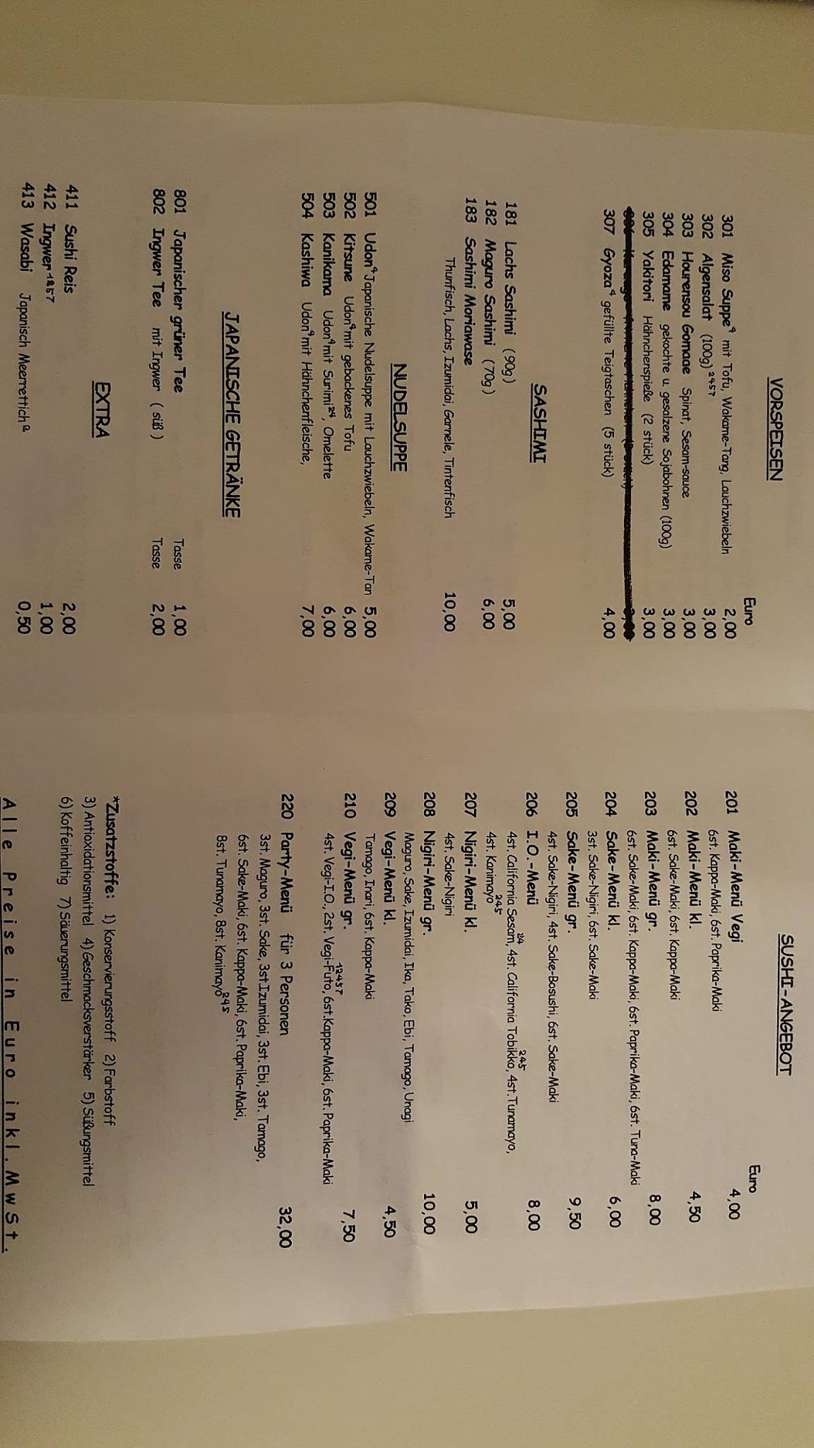 Menu at Sushi Takaya restaurant, Brühl