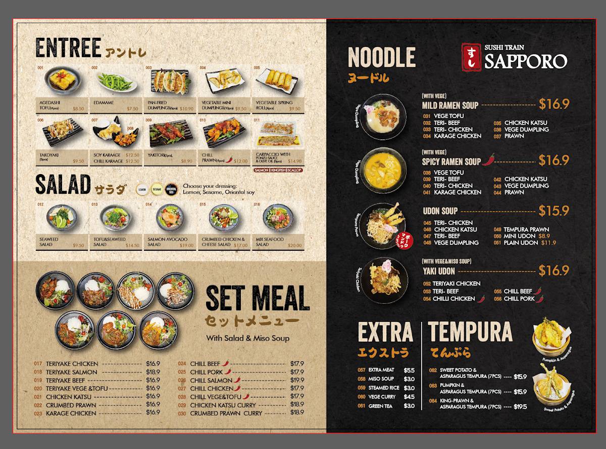 Menu at Sushi Train Sapporo restaurant, Penrith