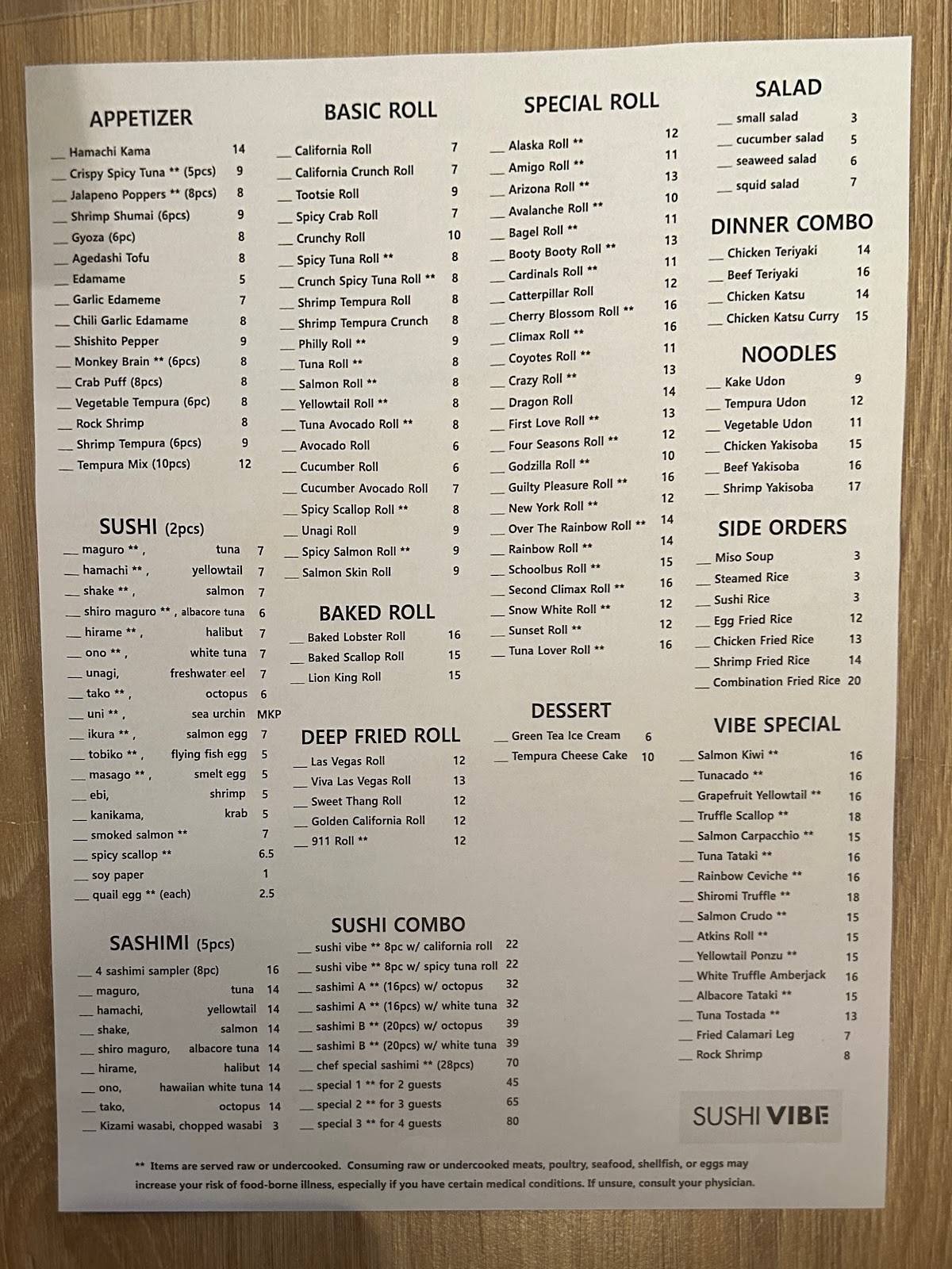 Menu at Sushi Vibe restaurant, Phoenix