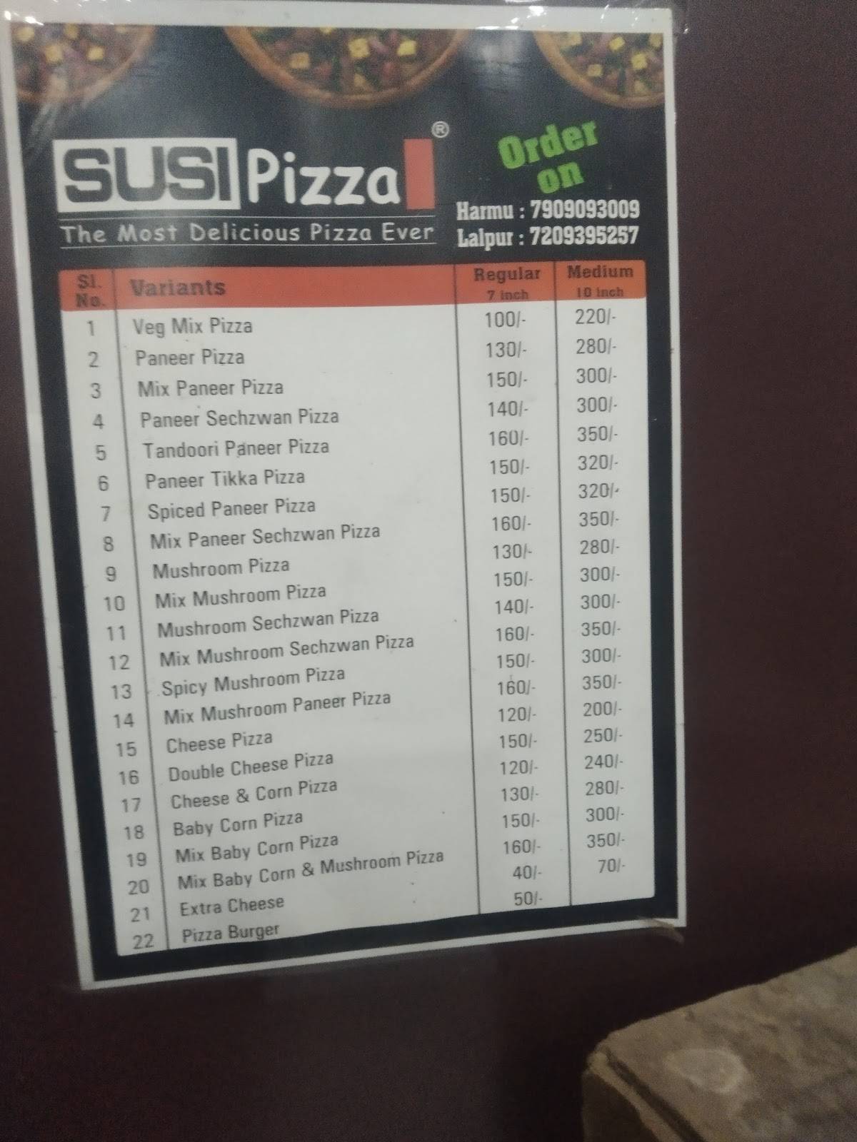 Menu at Susi Pizza, Ranchi, Anandhpuri Hamu Bazar Main Road
