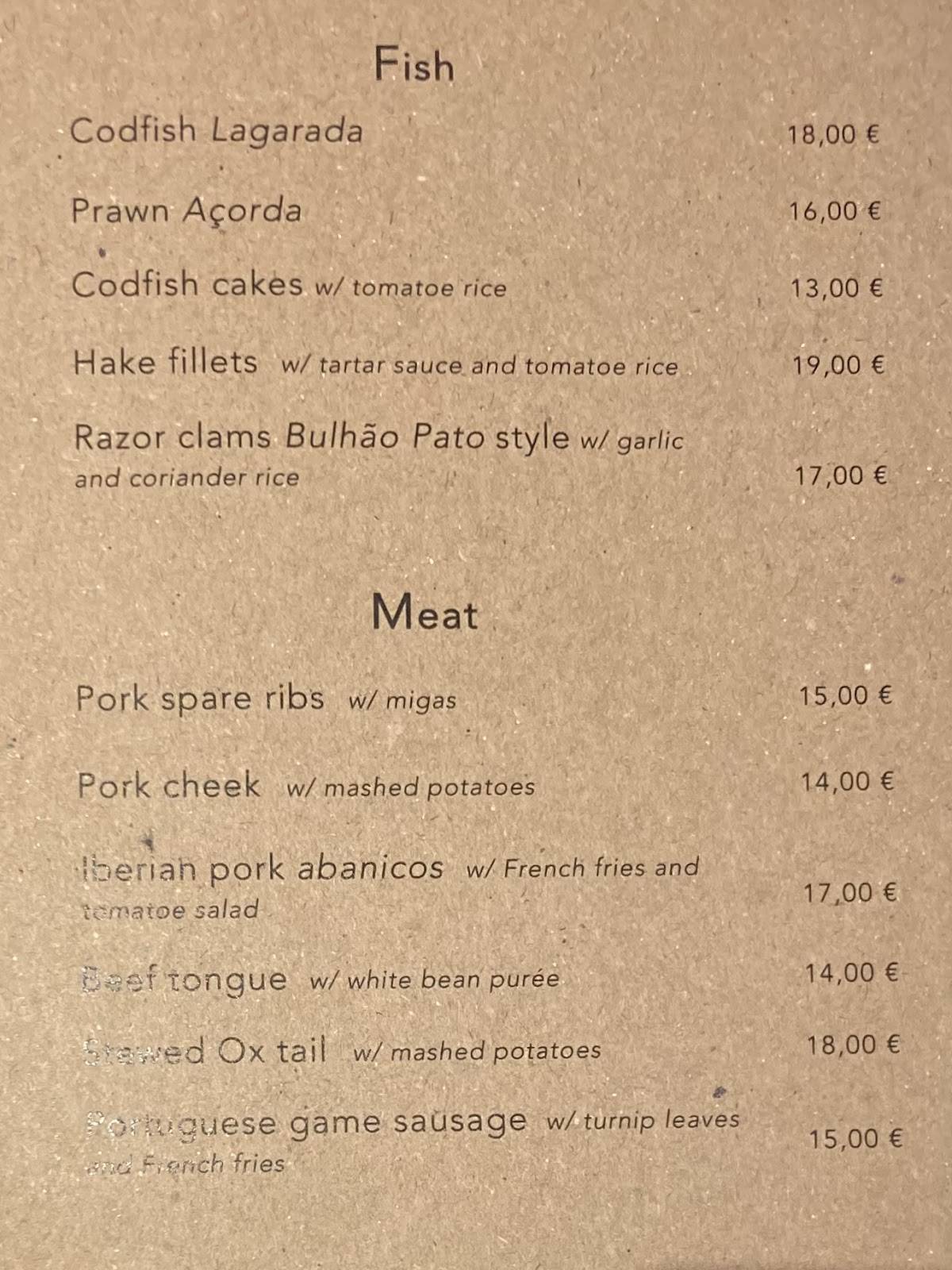 Menu at Suzana restaurant, Lisbon