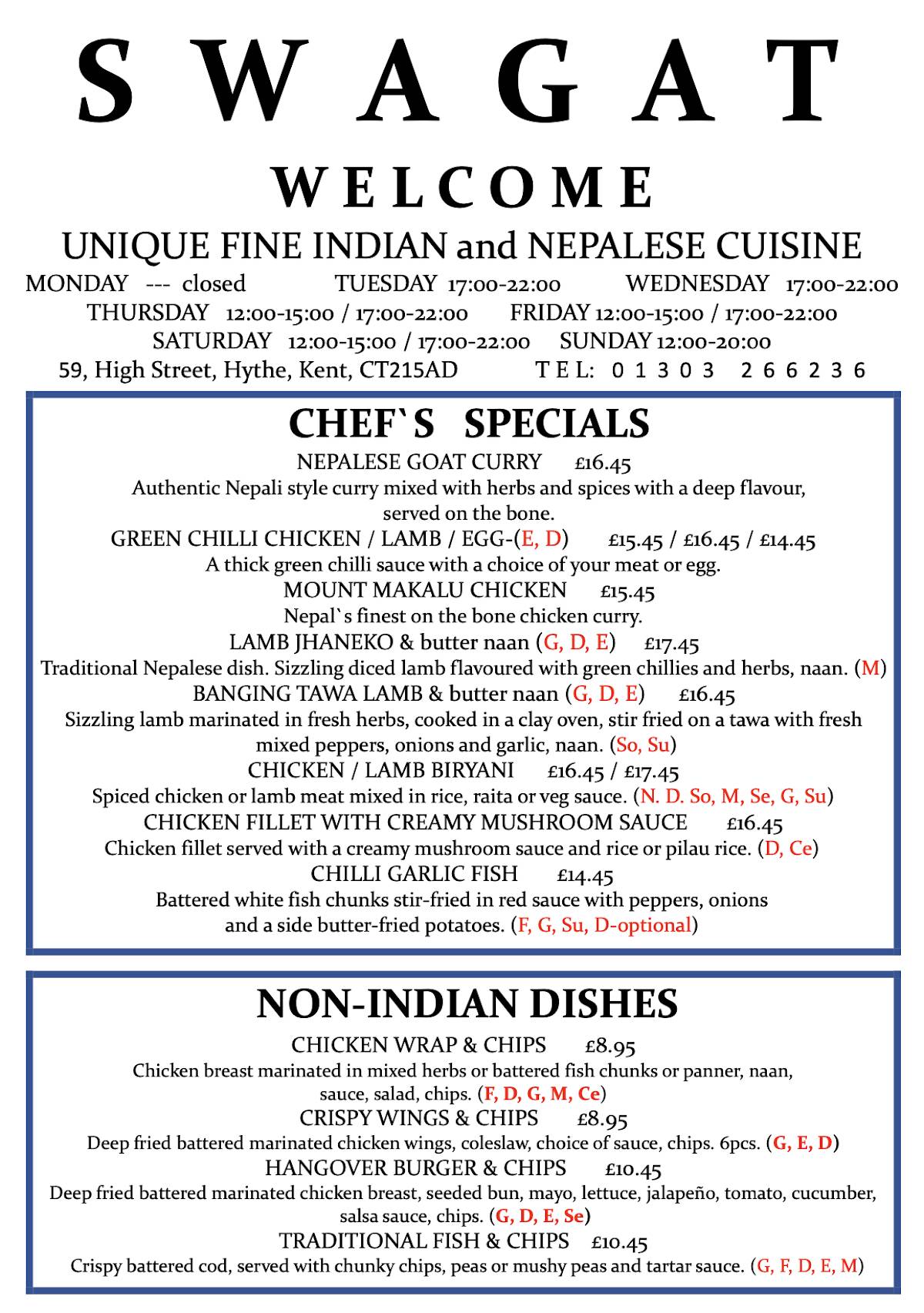 Menu at Swagat restaurant, Hythe