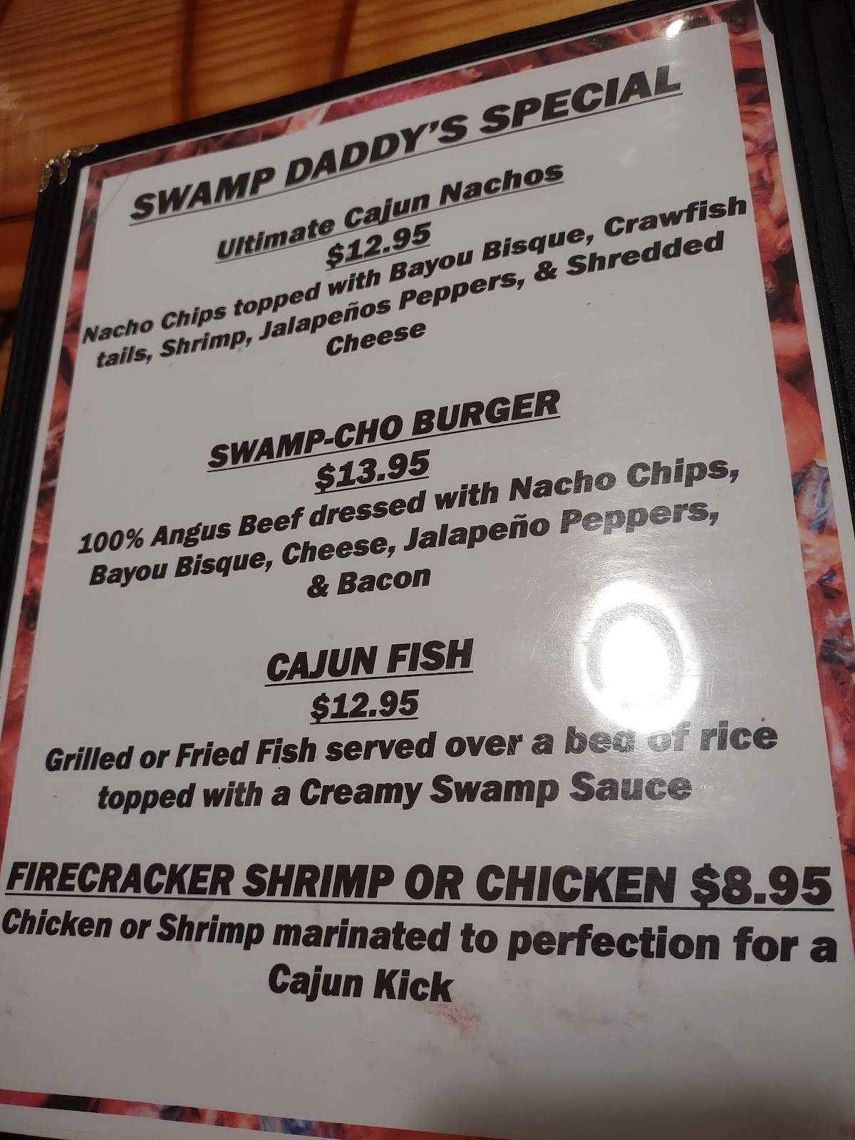 Menu at Swamp Daddy's restaurant, Alexandria, 55 MacArthur Dr