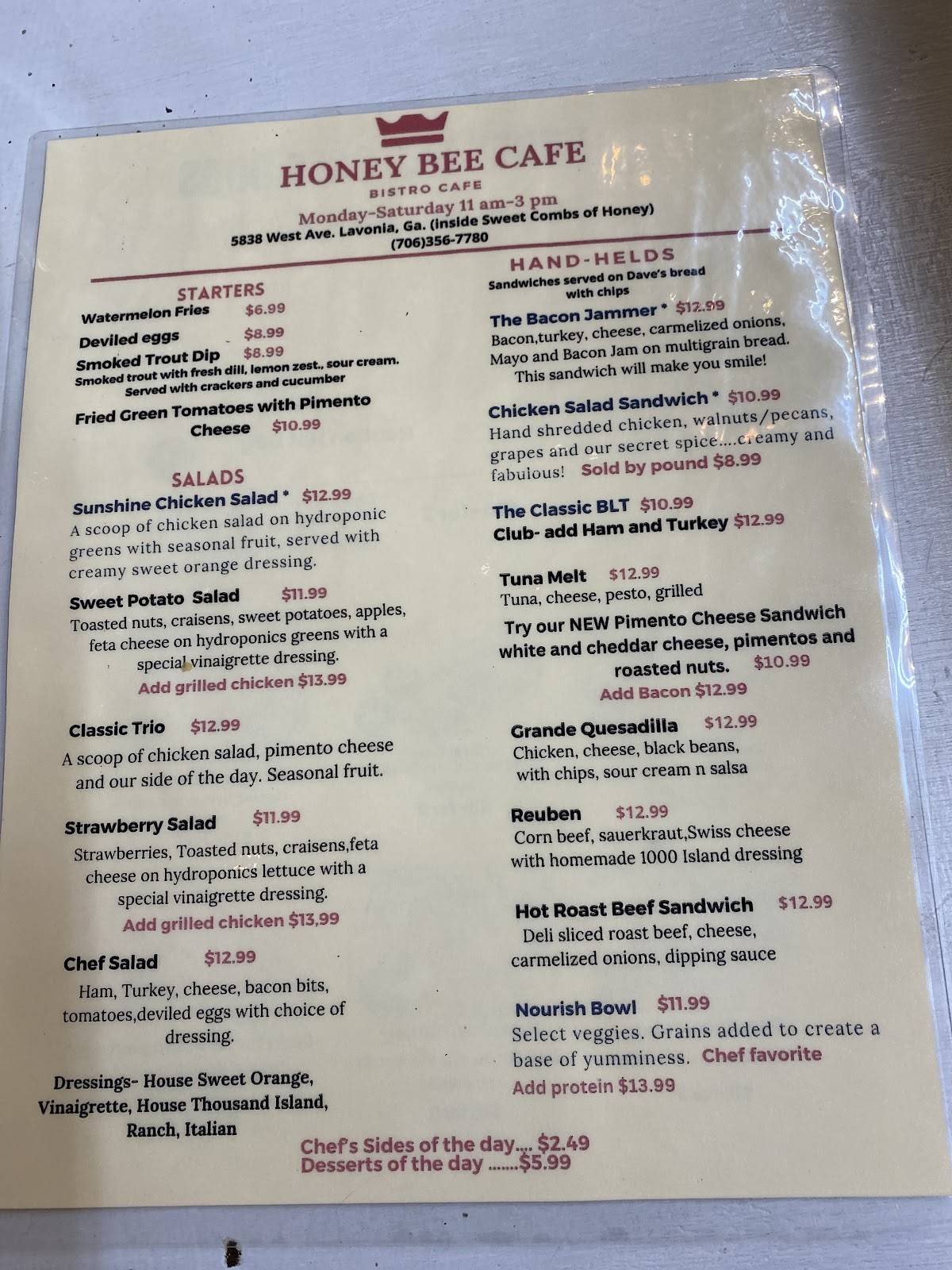 Menu at Sweet Combs of Honey cafe, Lavonia