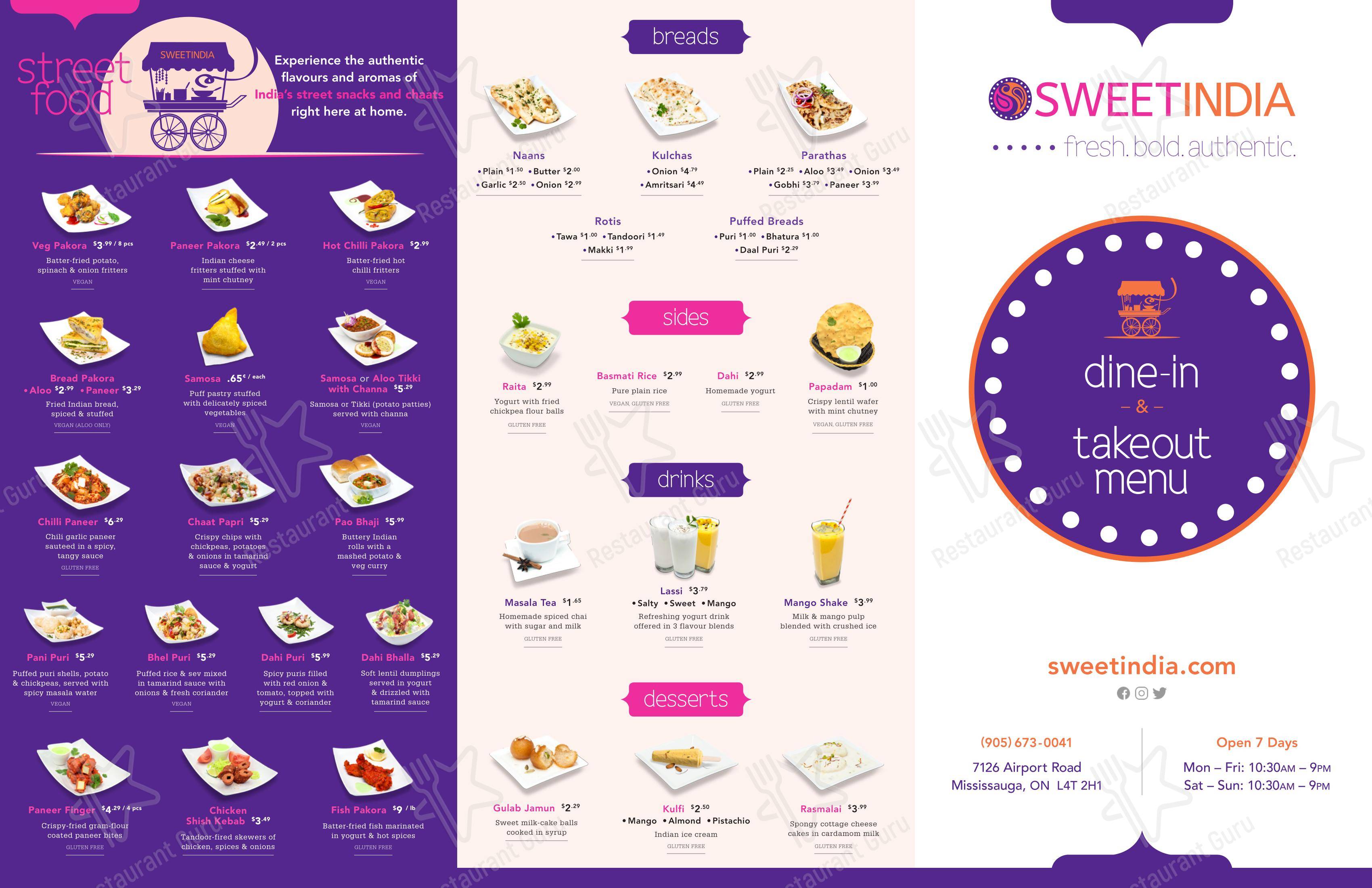 Menu at Sweet India restaurant, Mississauga