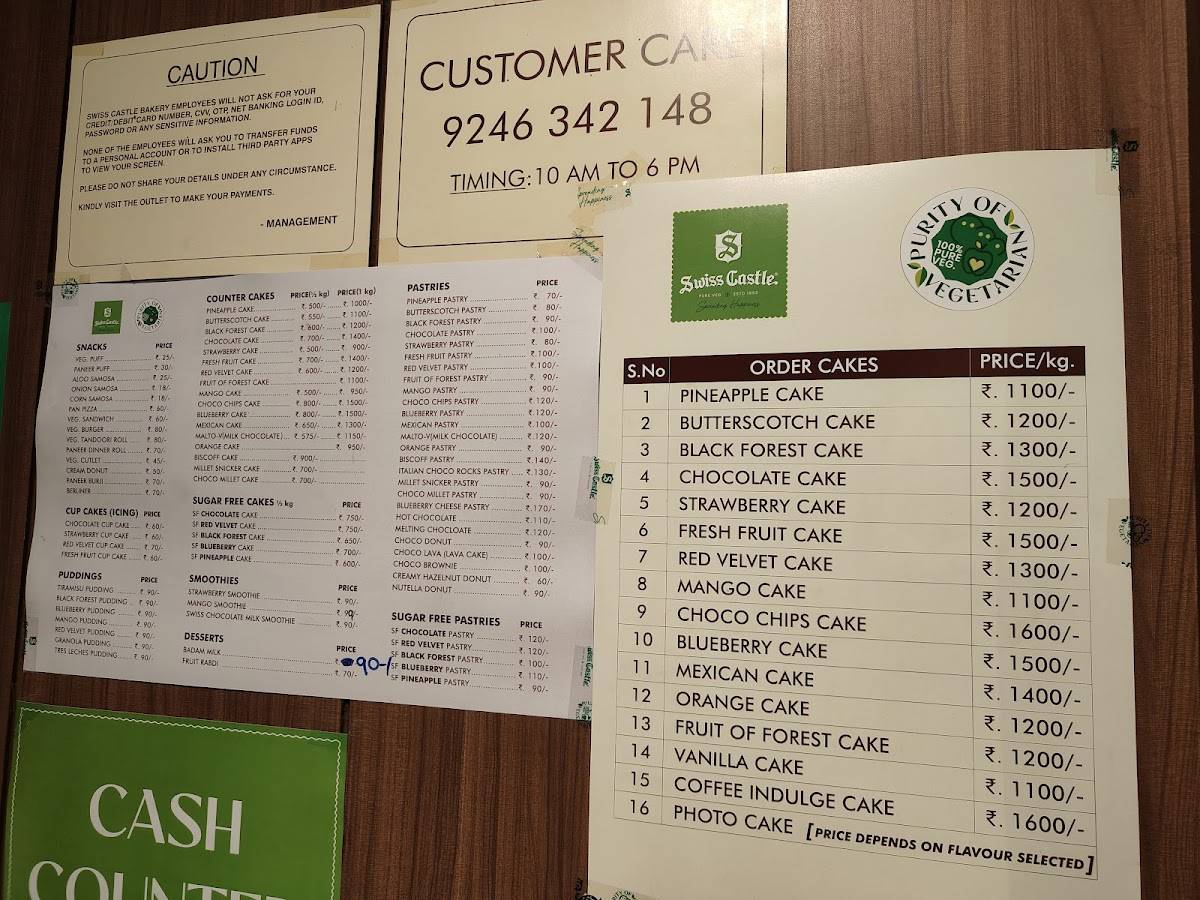Menu at Swiss Castle Bakery, Narsingi, Hyderabad
