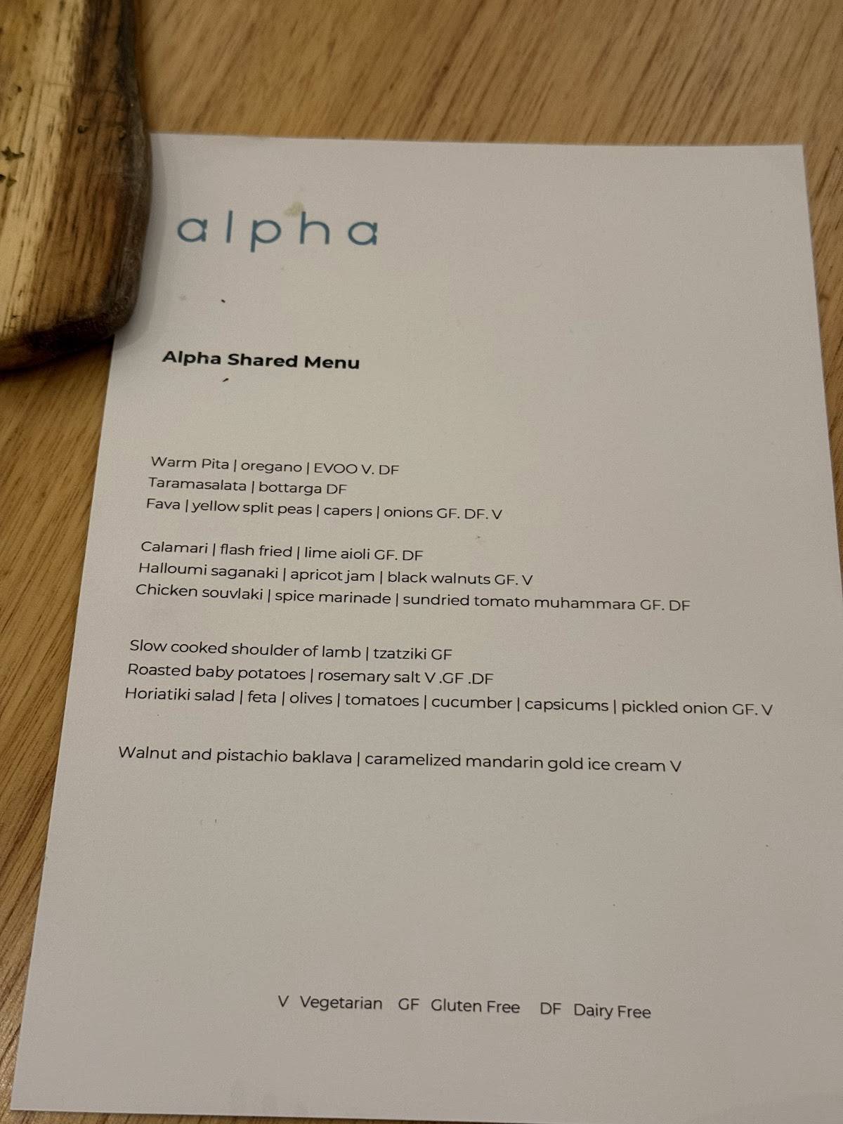 Menu at Alpha Dining restaurant, Sydney