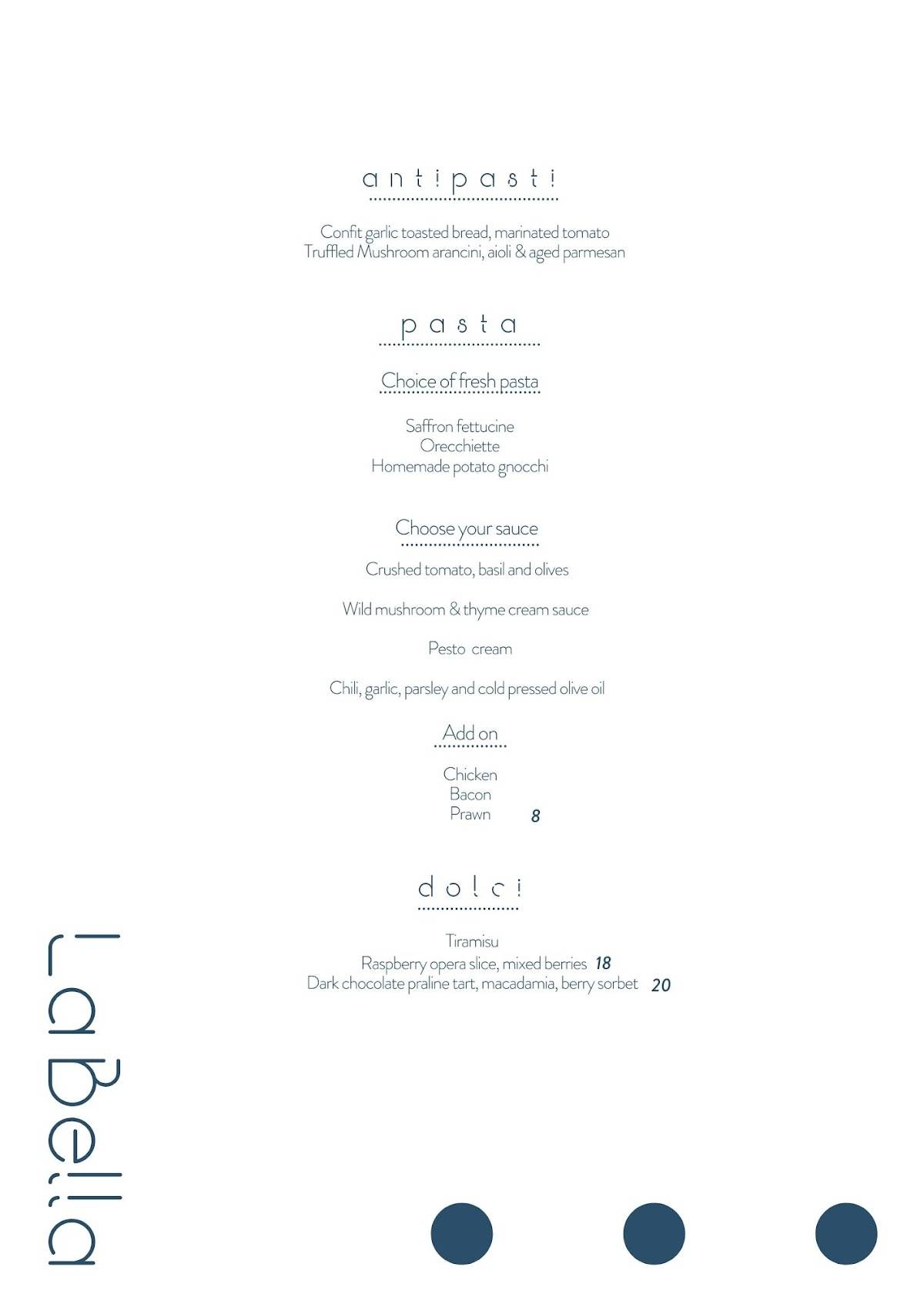 Menu at La Bella Trattoria & Bar, Sydney
