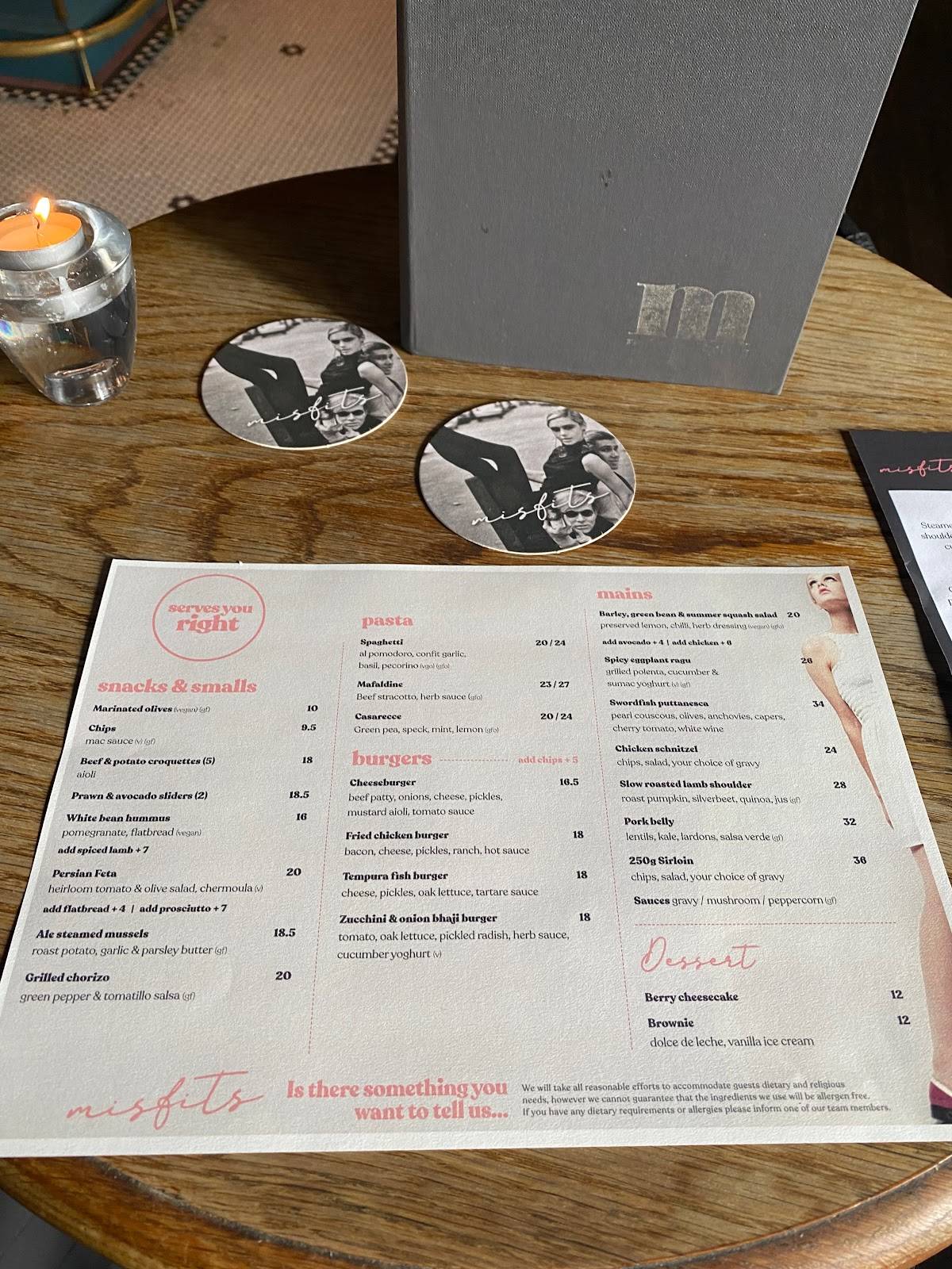 Menu at Misfits pub & bar, Redfern, 106 George St