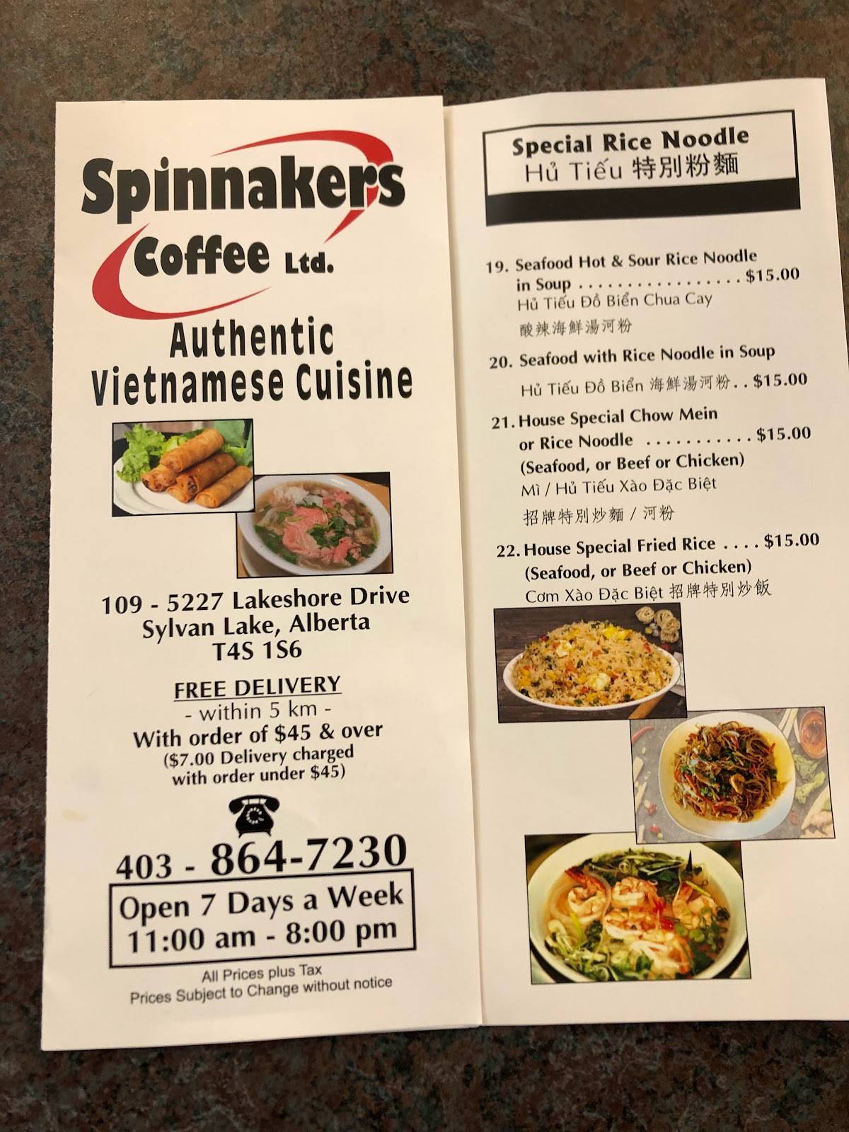 Menu at Spinnaker's Cafe, Sylvan Lake