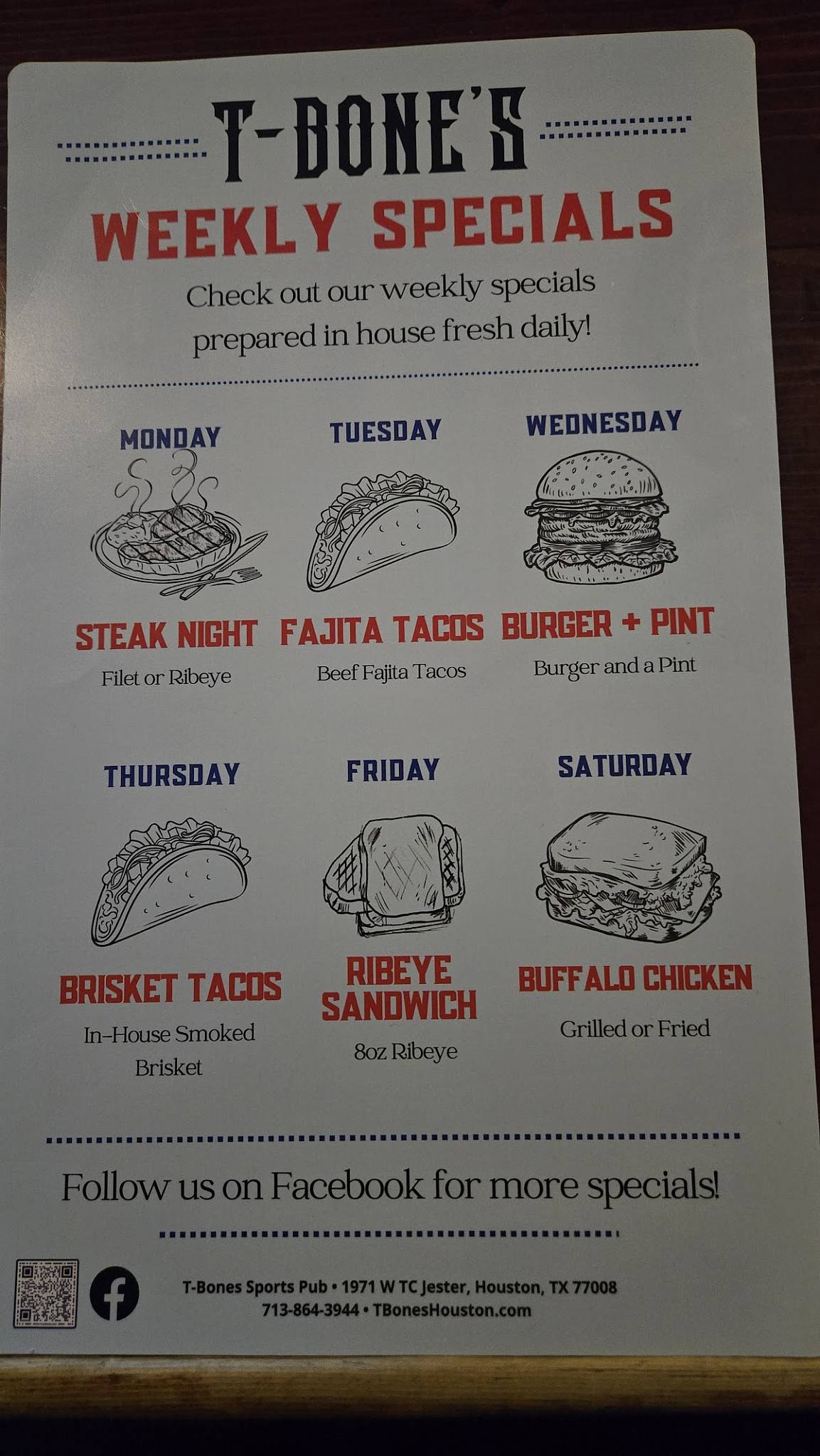 Menu at T-Bones Sports Pub, Houston