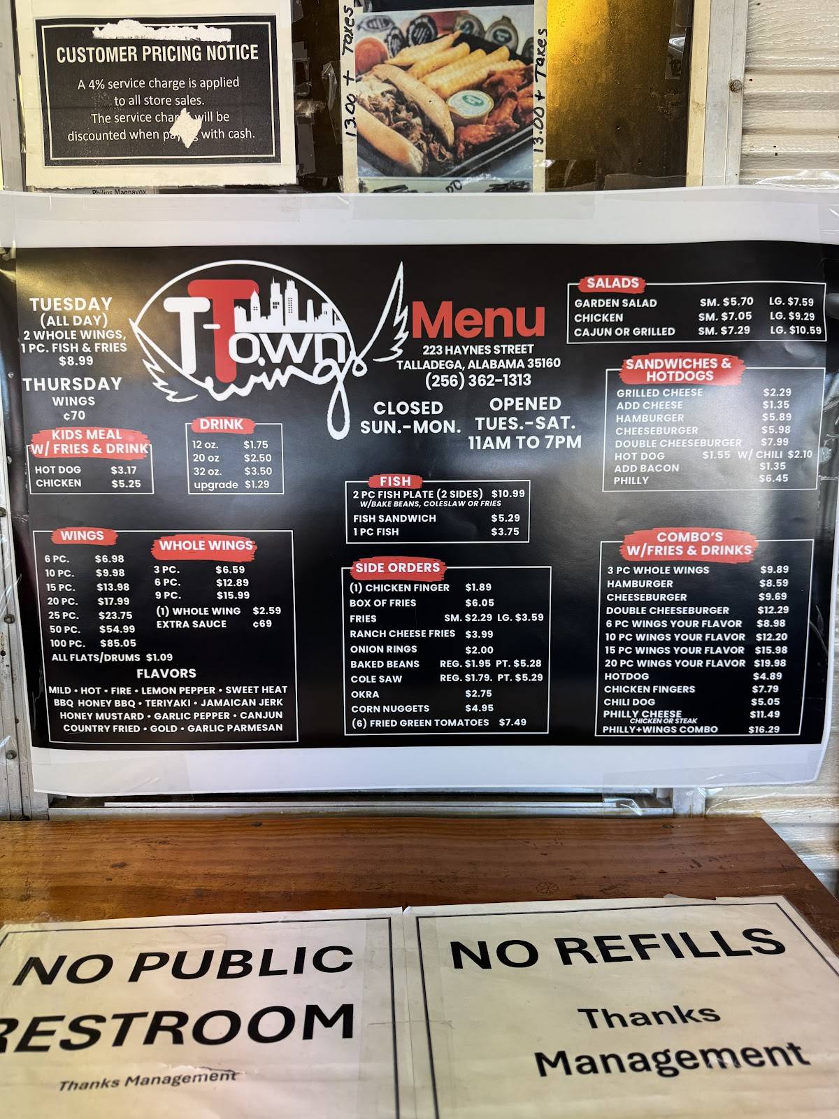 Menu at T Town Wings restaurant, Talladega, 221 Haynes St