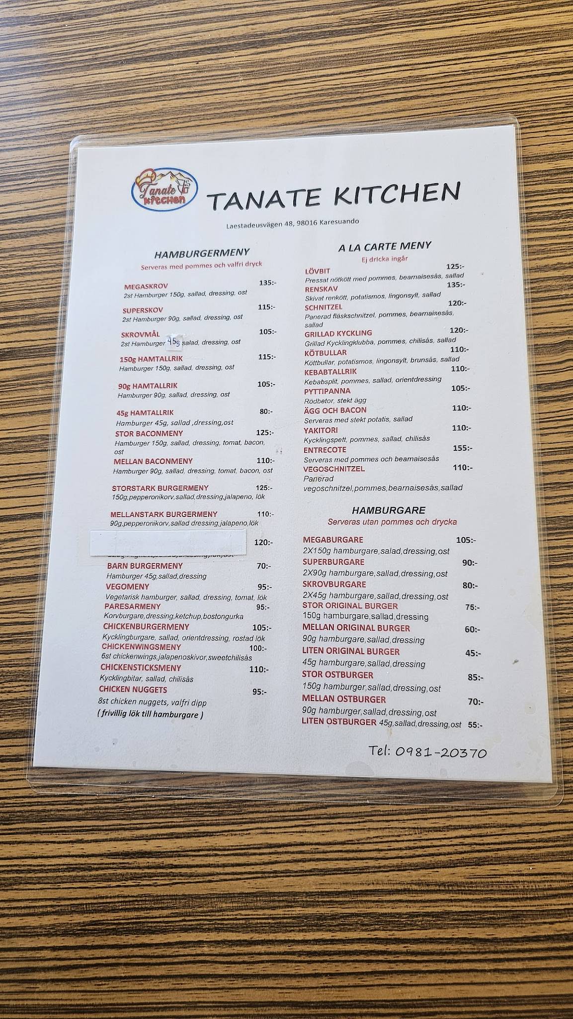 Menu at TANATE KITCHEN restaurant, Karesuando