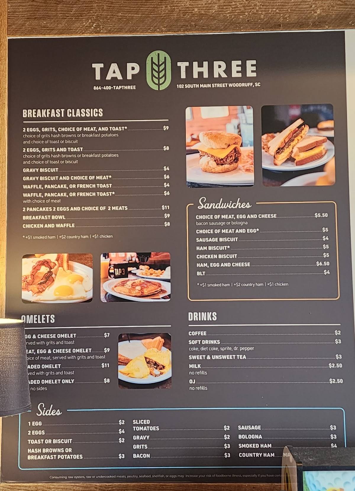 Menu at TAP THREE restaurant, Woodruff