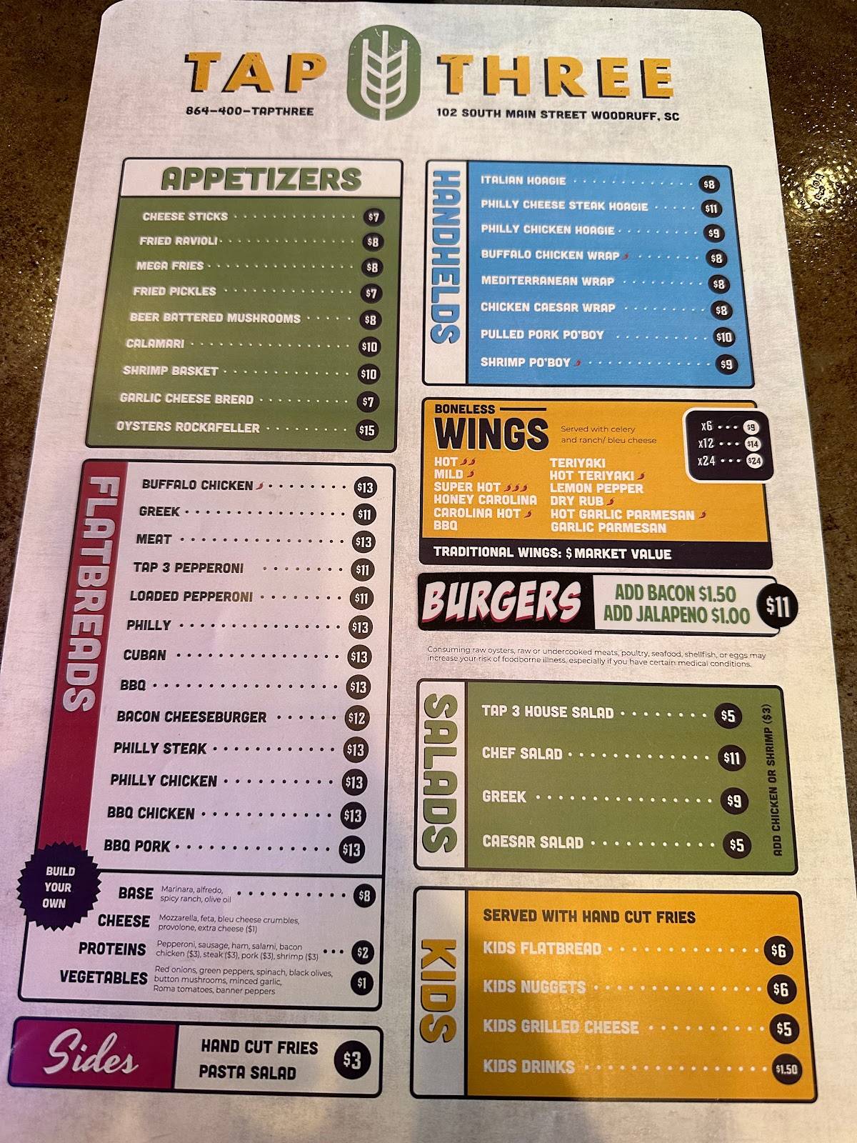 Menu at TAP THREE restaurant, Woodruff