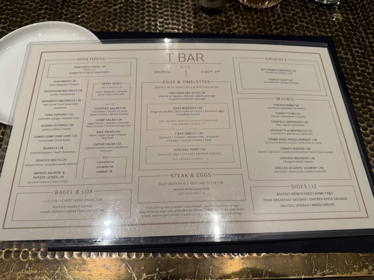Menu at TBar, New York City, 116 E 60th St
