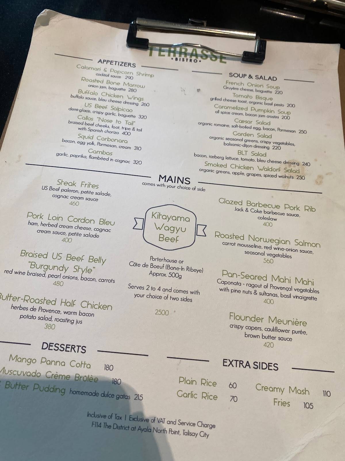 Menu at TERRASSE restaurant, Talisay City