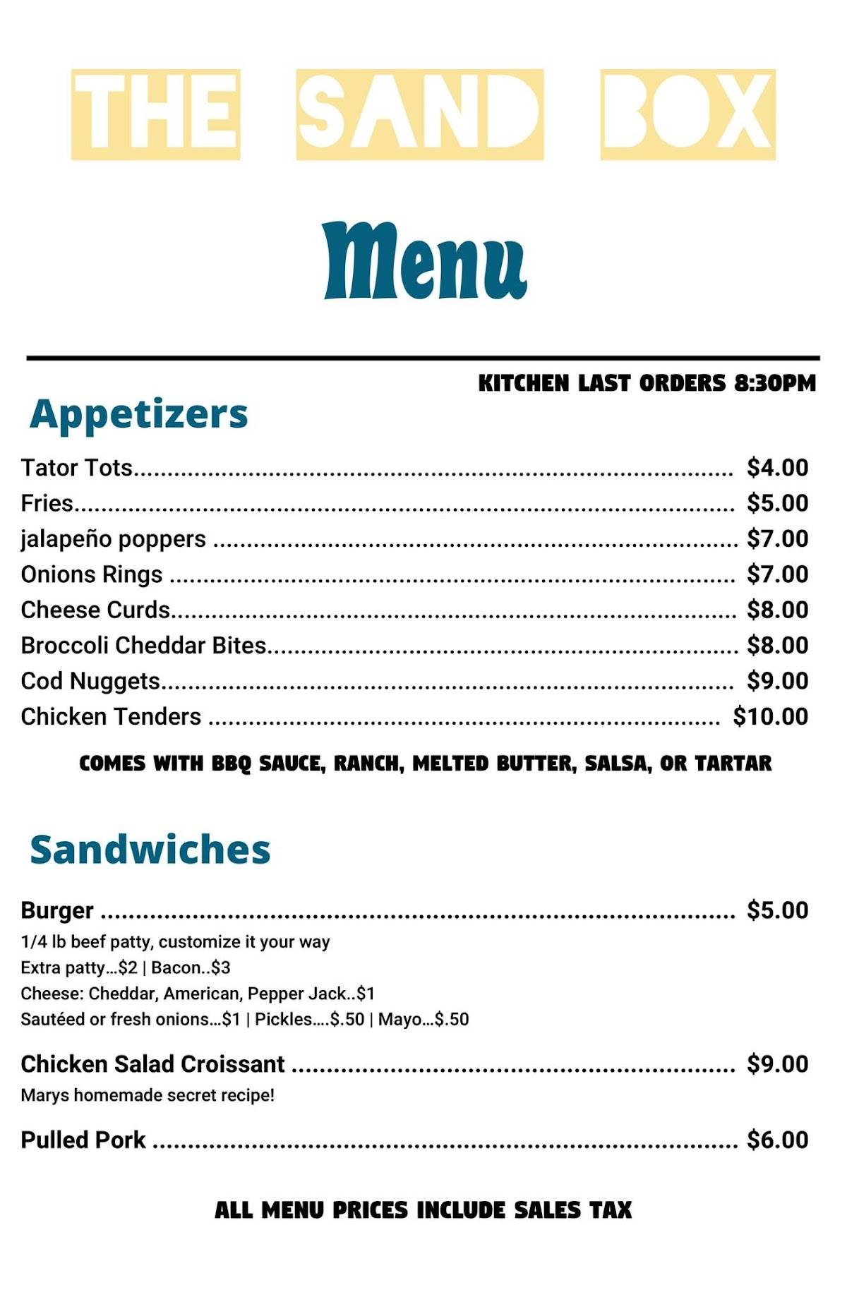 Menu at THE SAND BOX pub & bar, Green Bay