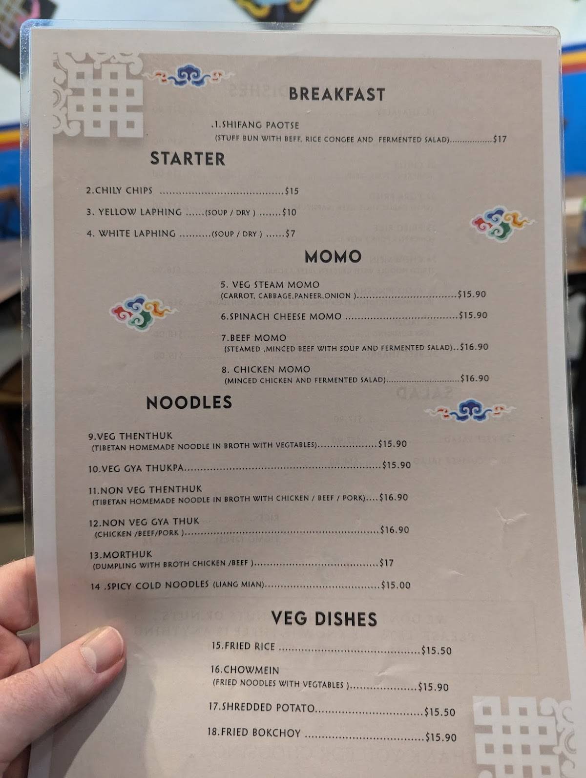 Menu at TIBETAN PEACE RESTAURANT, Dee Why