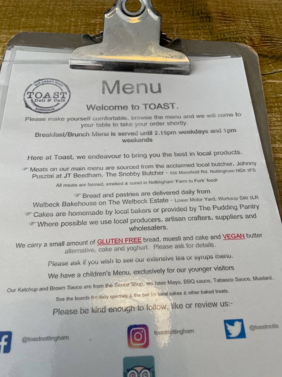 Menu at TOAST Cafe & Deli, Nottingham