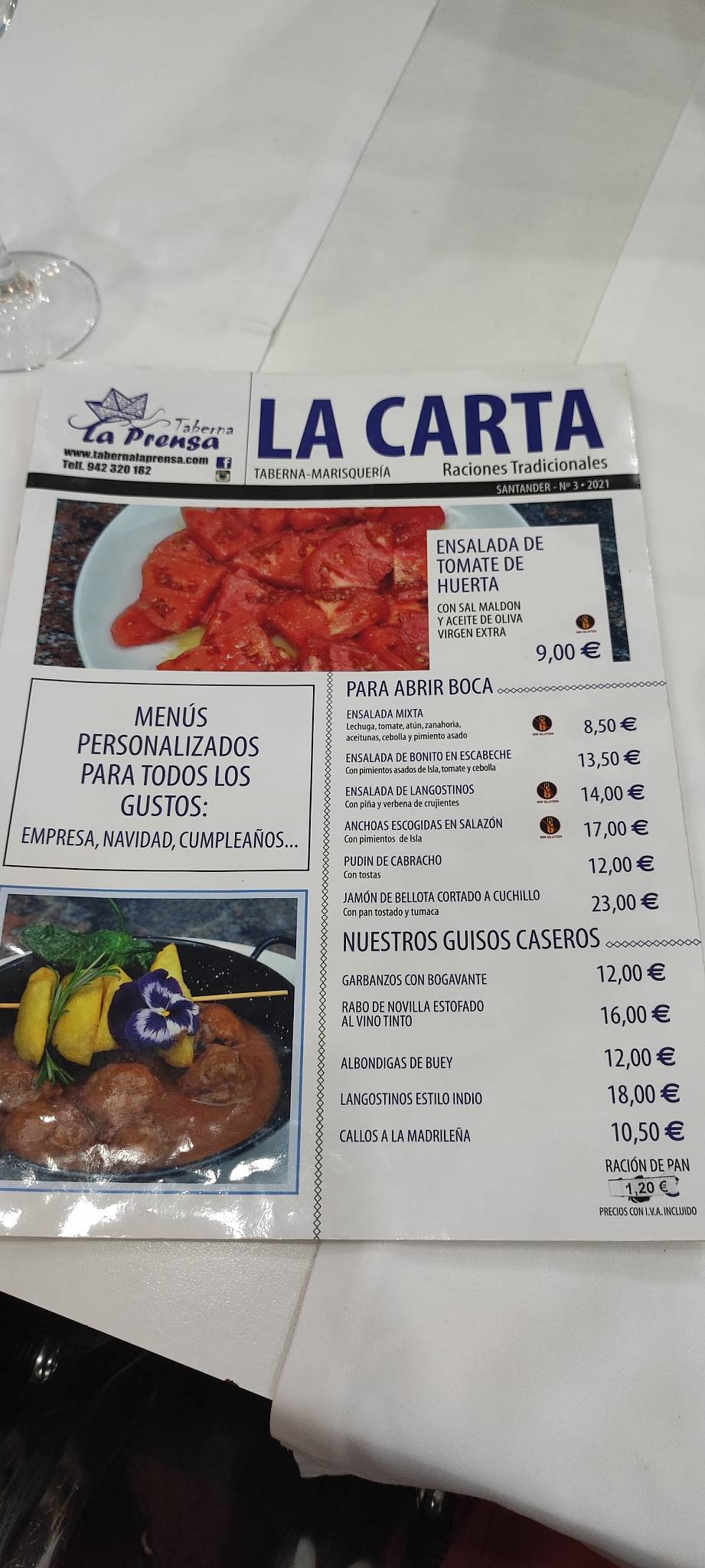 Carta de Taberna La Prensa Restaurante, Santander