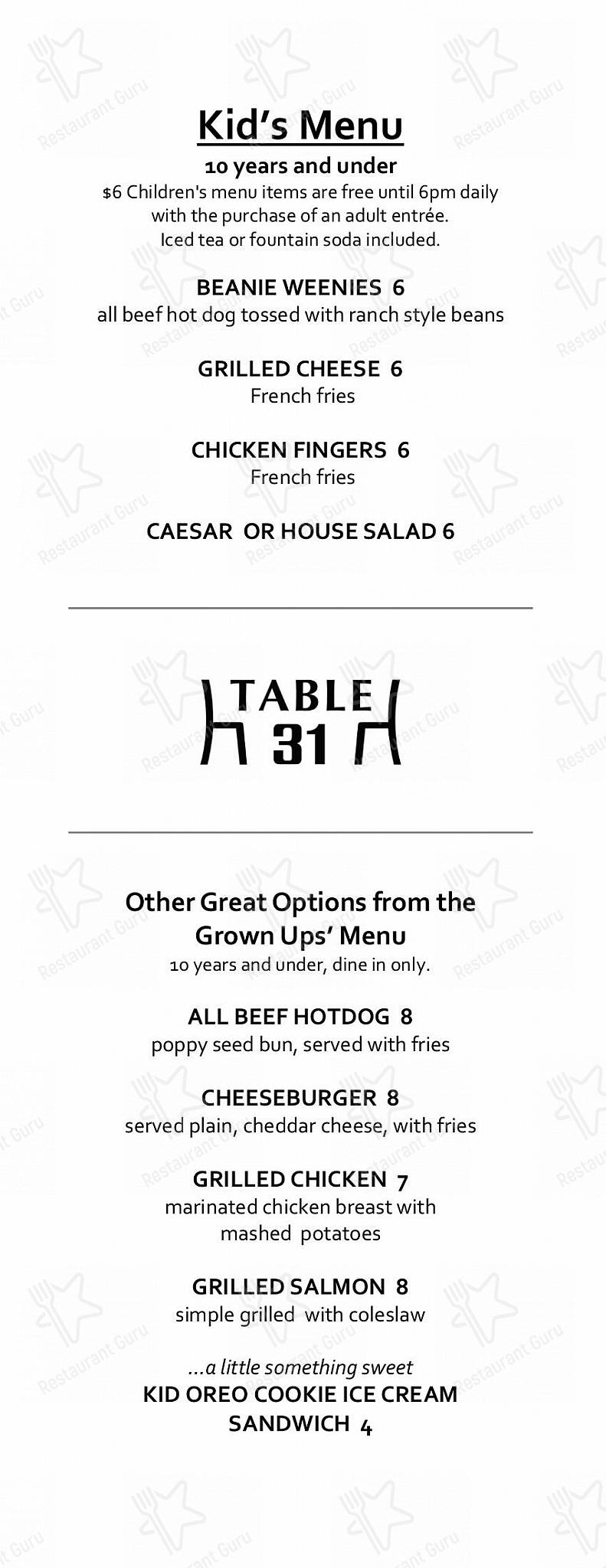 Menu at Table 31 restaurant, Mooresville