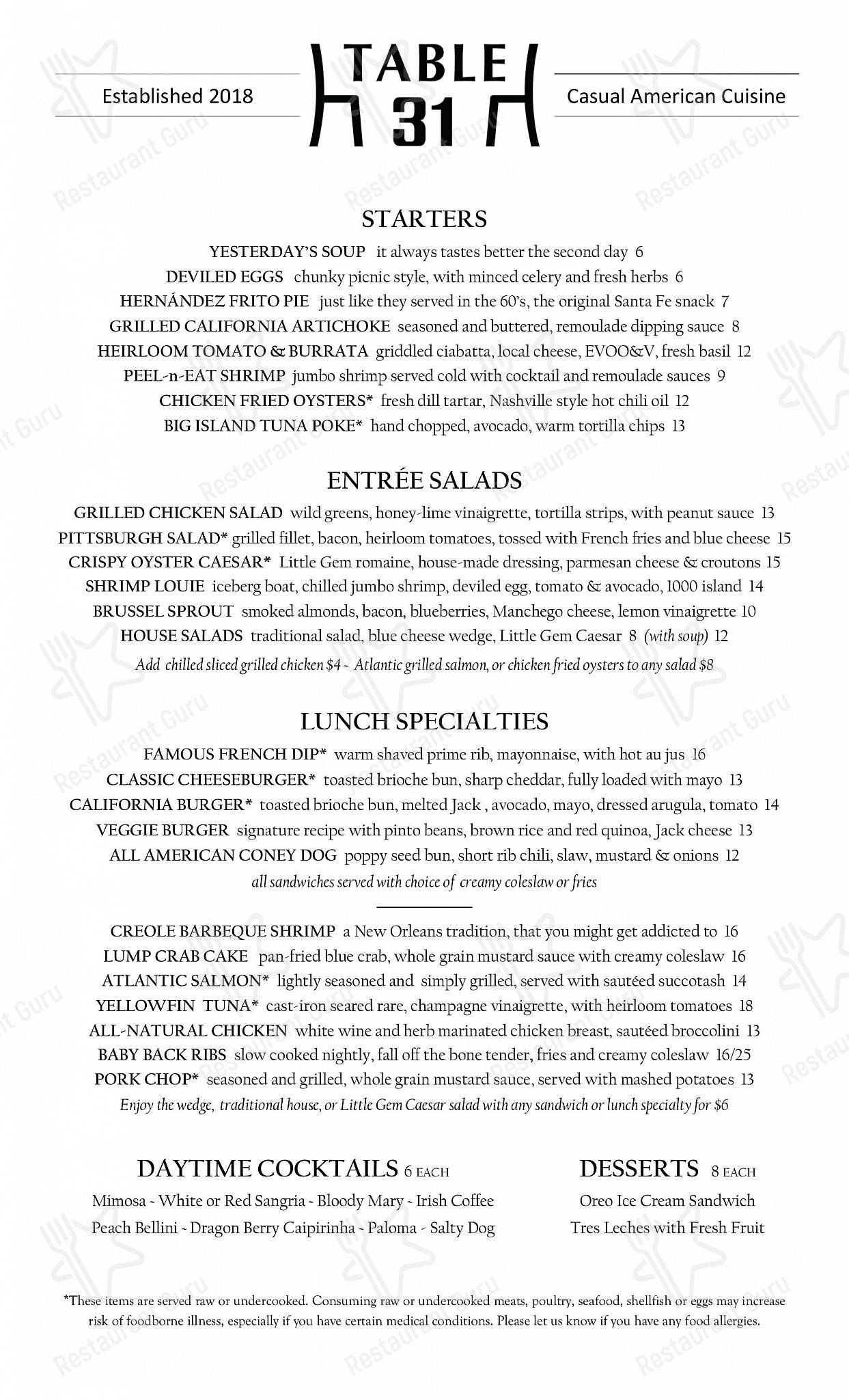 Menu at Table 31 restaurant, Mooresville