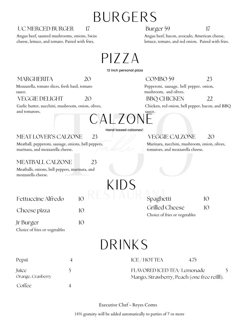 Menu at Table 59 restaurant, Merced