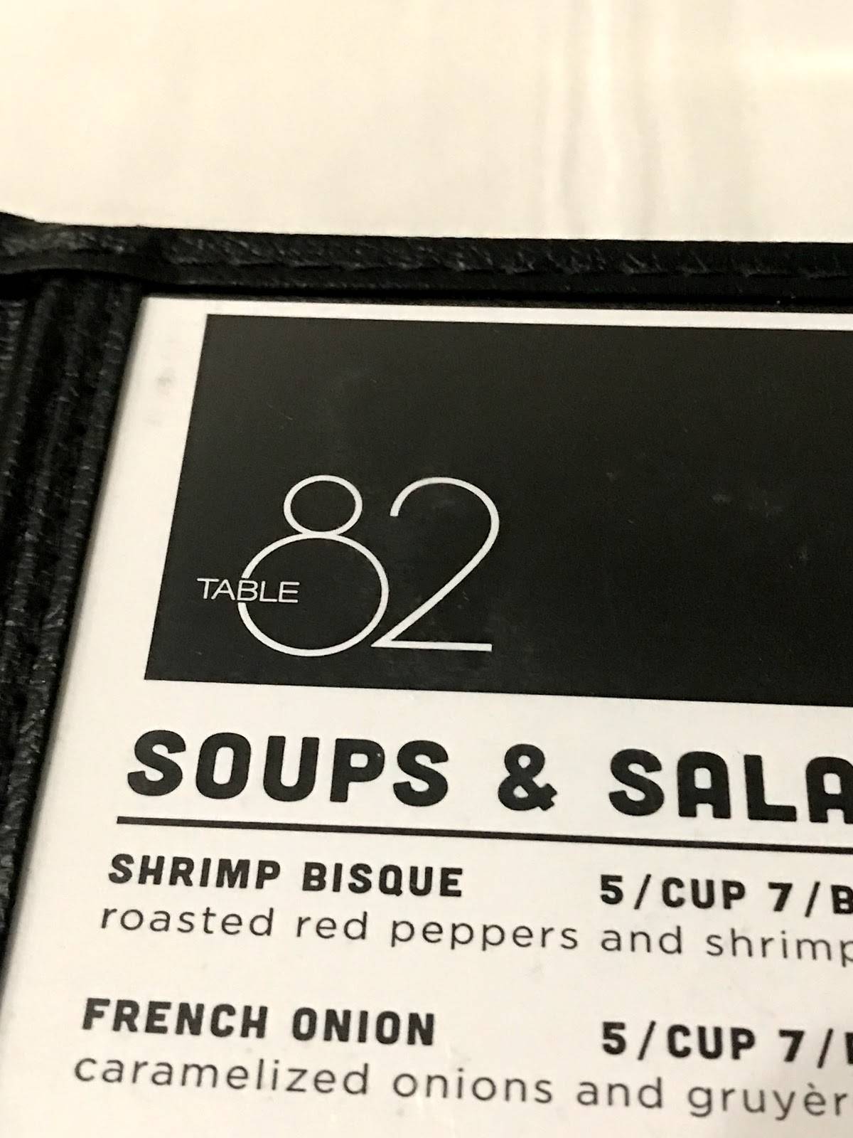 Menu at Table 82 restaurant, Lubbock