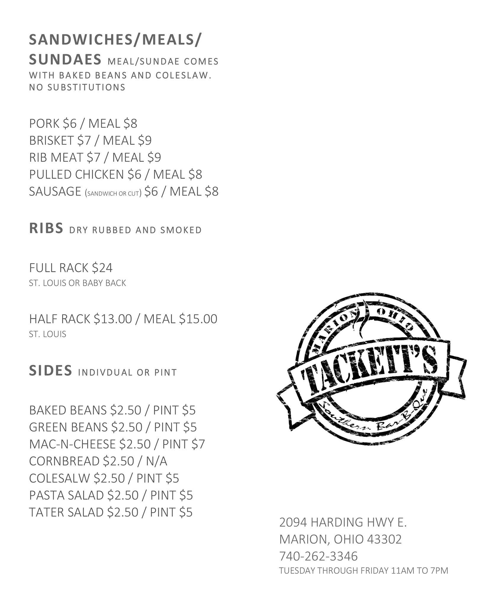 Menu at Tackett's Southern Bar-B-Que, Marion, 633 Bellefontaine Ave