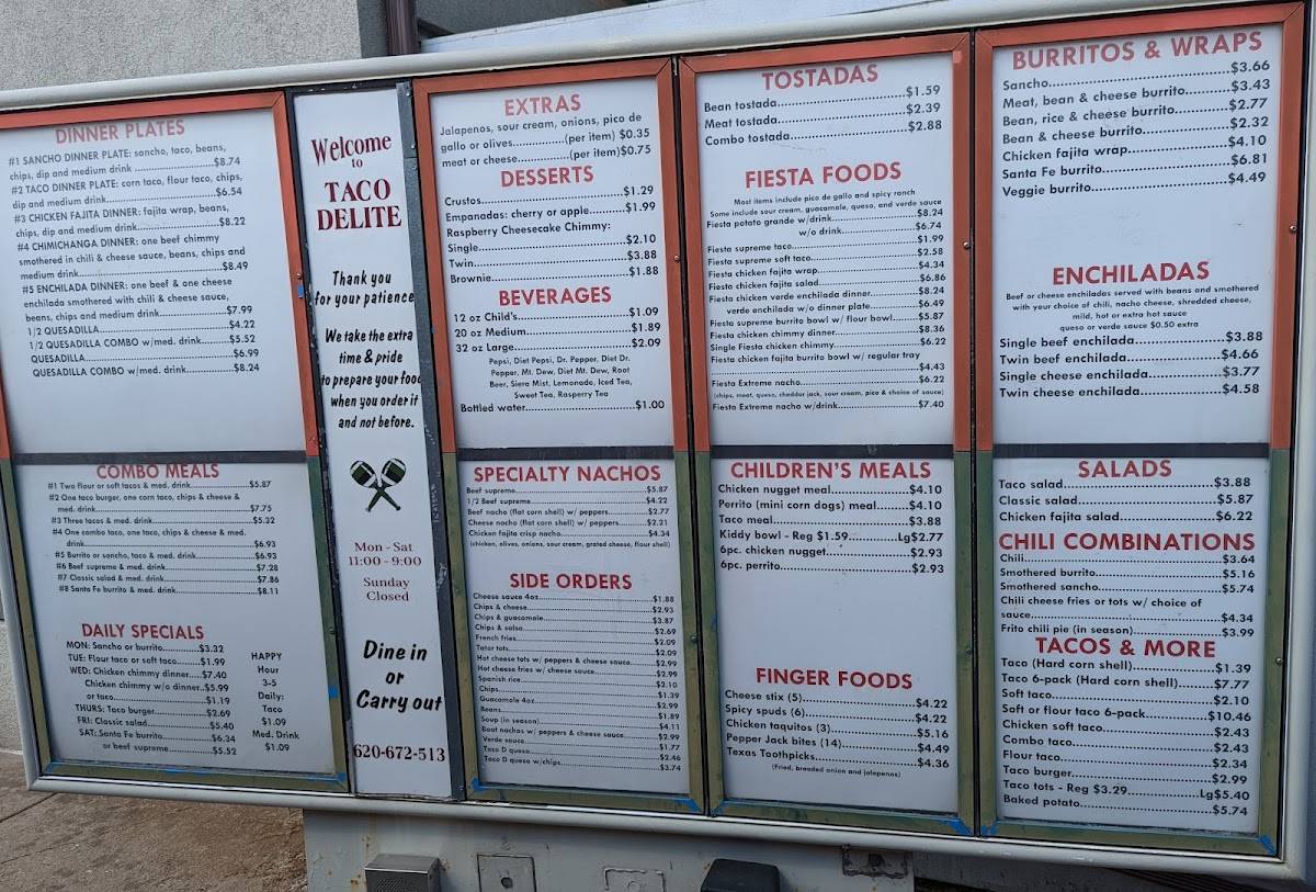 Menu at Taco Delite restaurant, Pratt