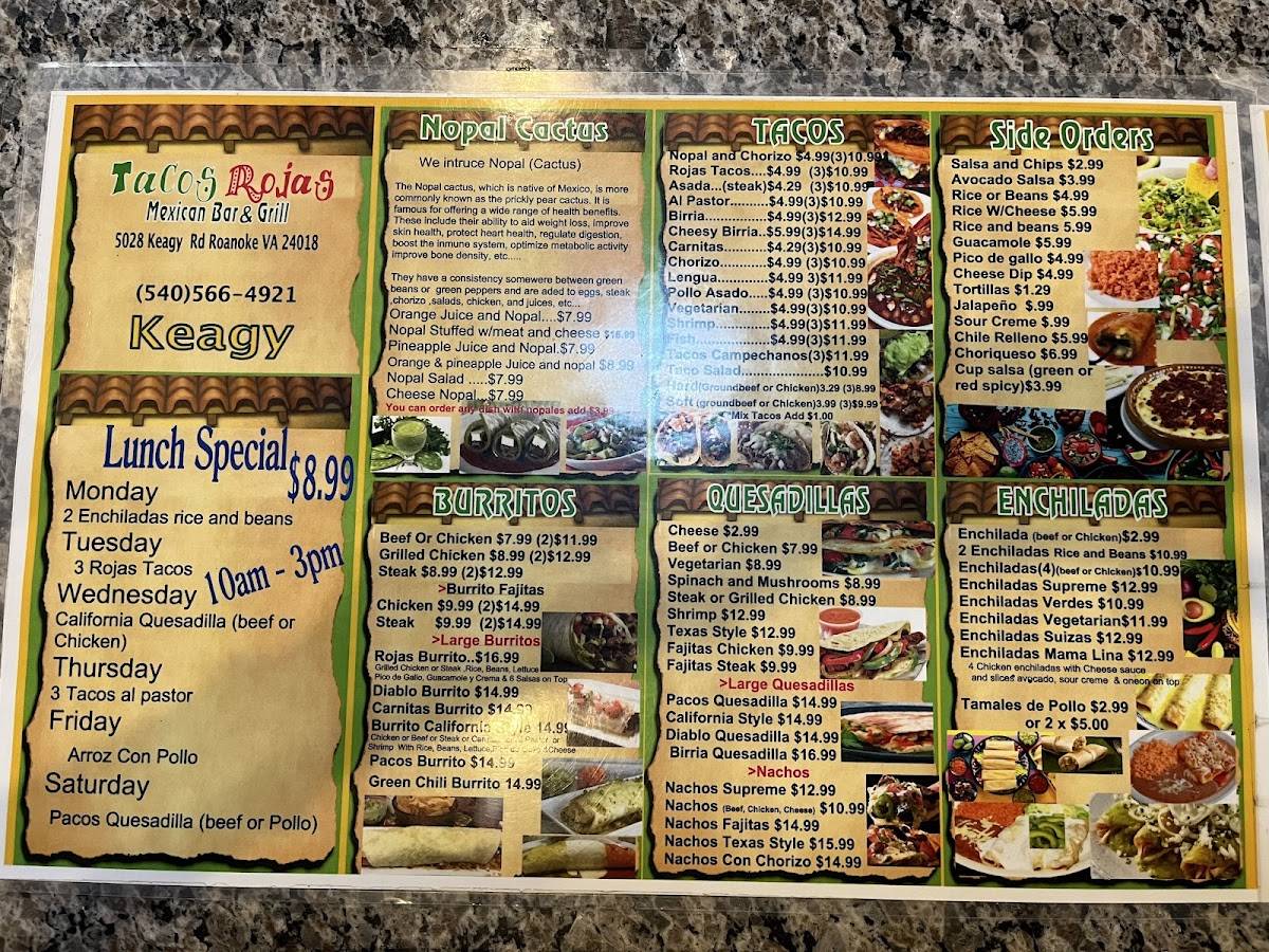 Menu at Taco Rojas restaurant, Cave Spring