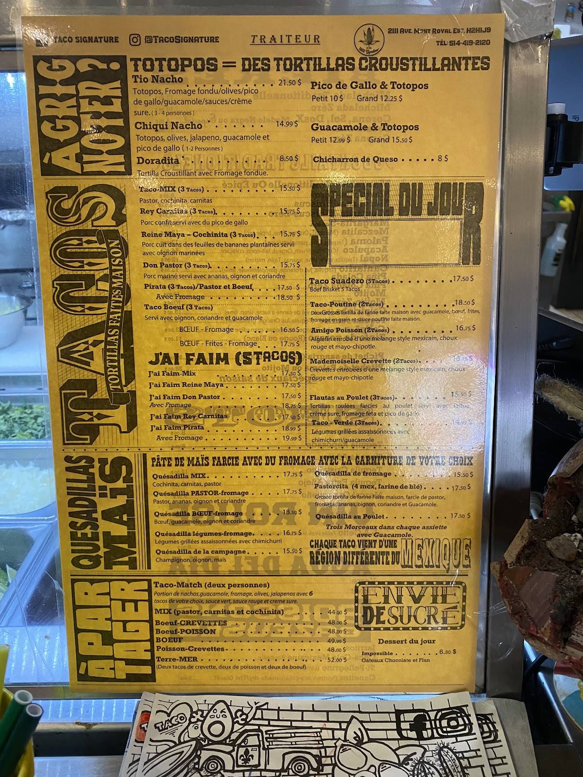 Menu au Taco Signature restaurant, Montréal