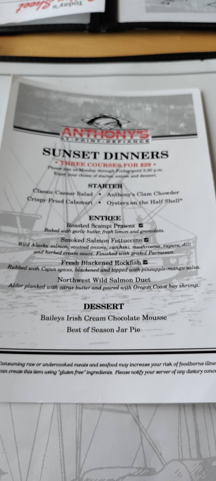 Menu at Anthony's At Point Defiance restaurant, Tacoma