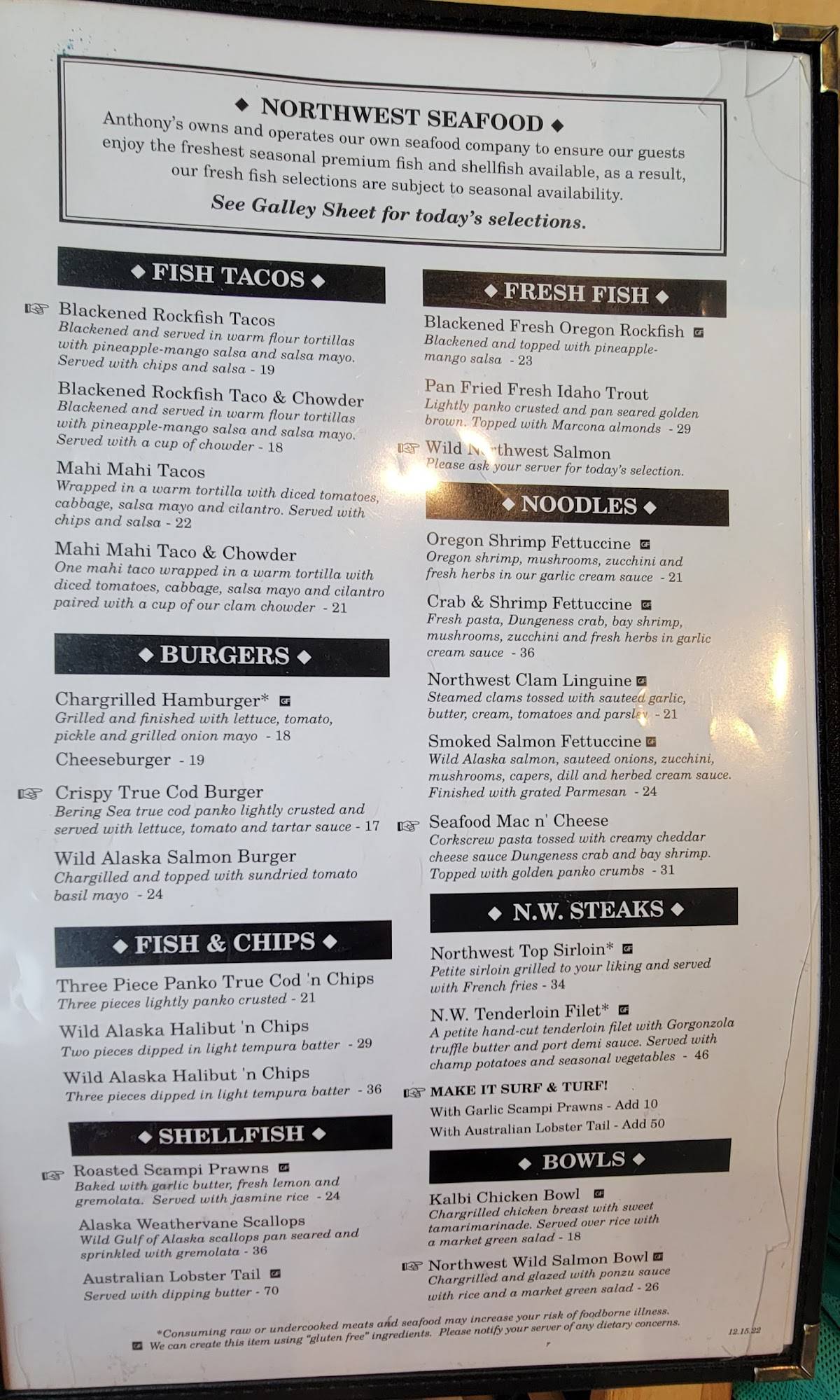 Menu at Anthony's At Point Defiance restaurant, Tacoma