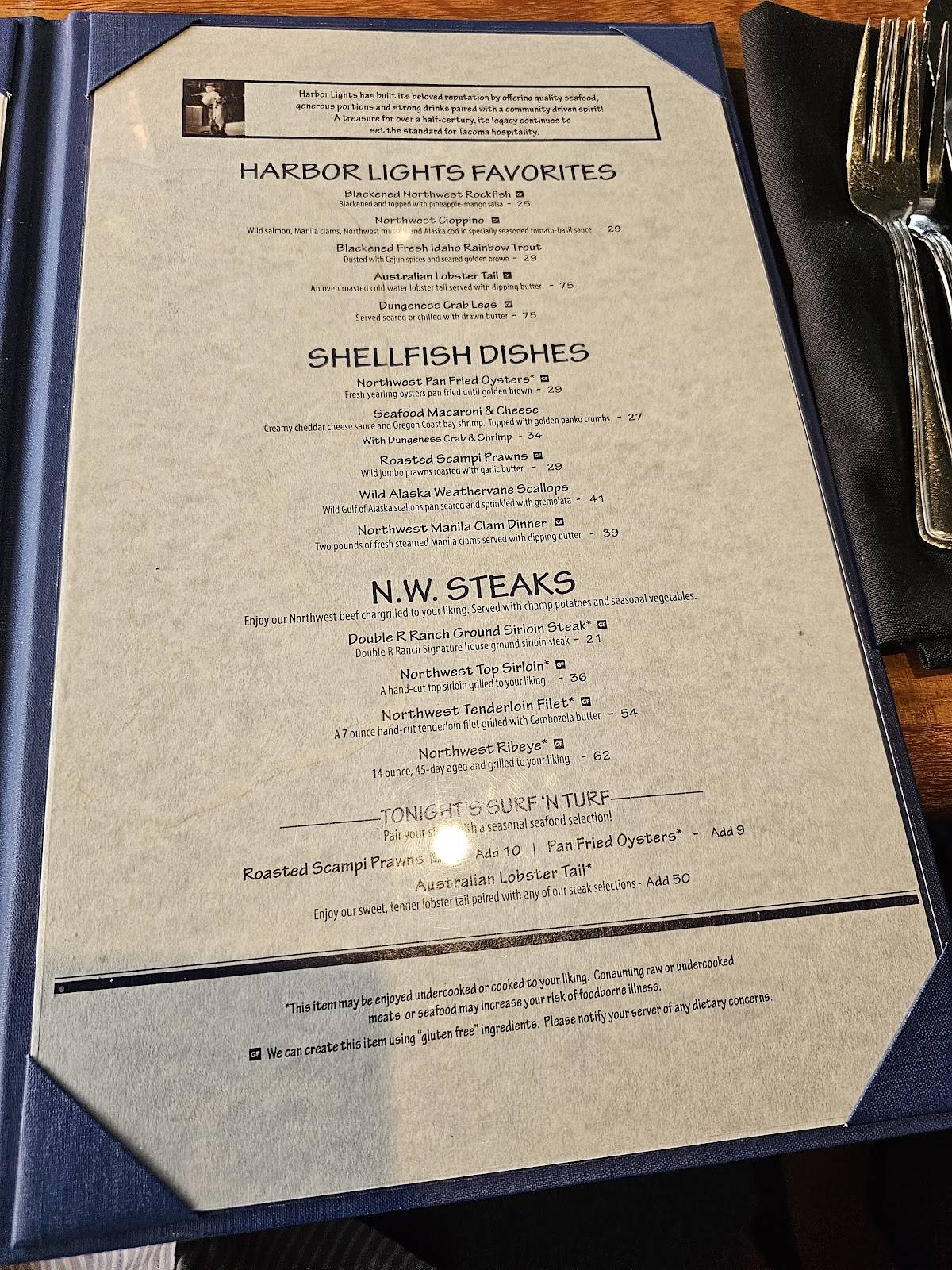 Menu at Harbor Lights restaurant, Tacoma