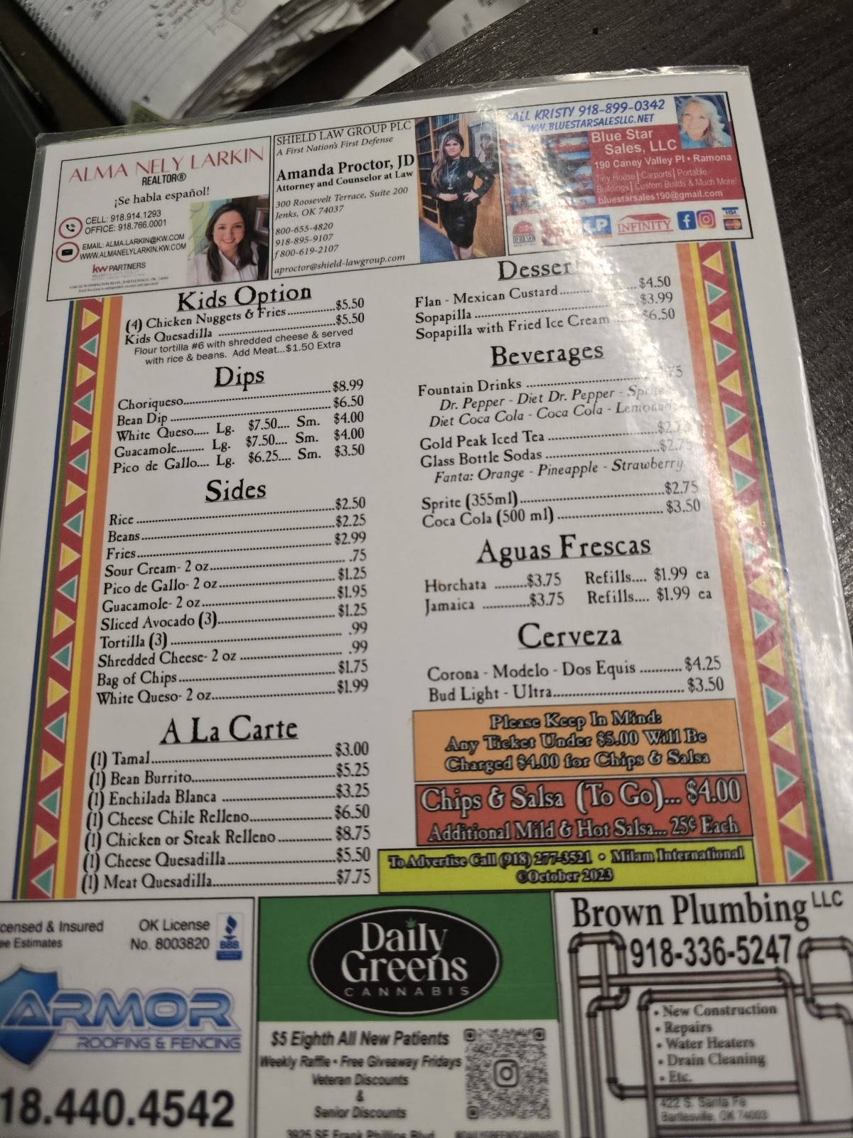 Menu at Tacos Pachitas restaurant, Bartlesville