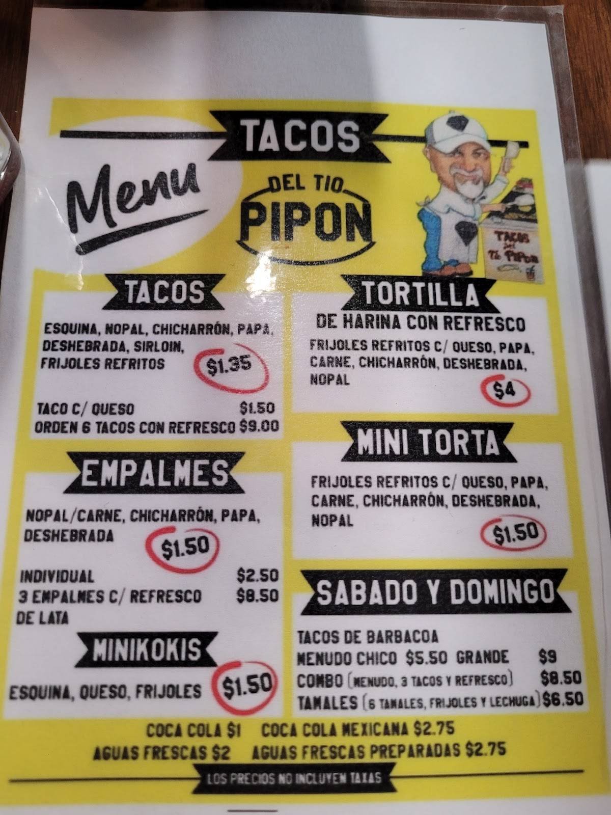 Menu at Tacos del Tio PiPon restaurant, Brownsville