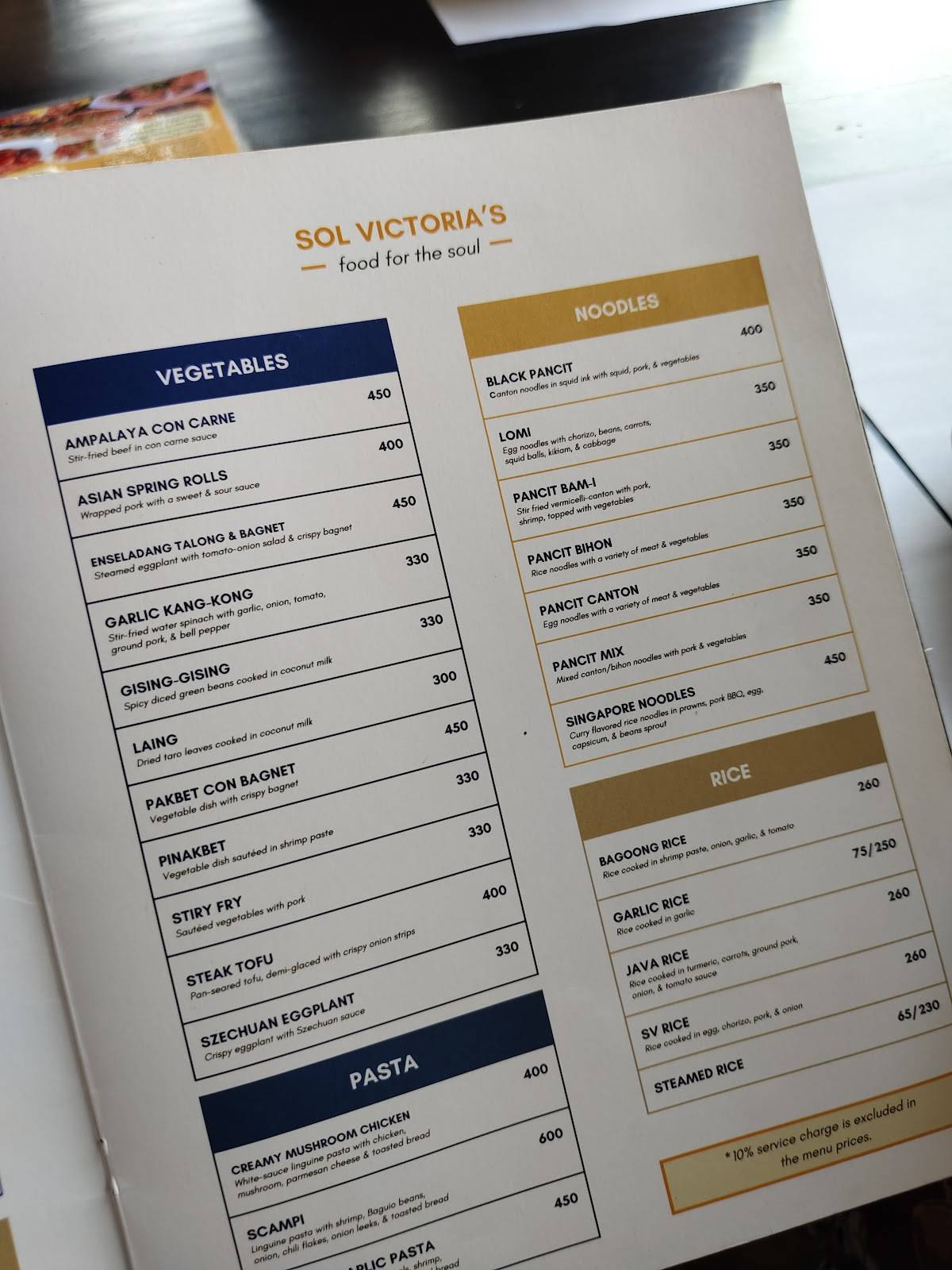 Menu at Sol Victoria's restaurant, Tagaytay