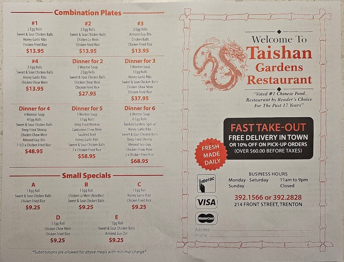 Menu at Taishan Gardens Restaurant, Quinte West