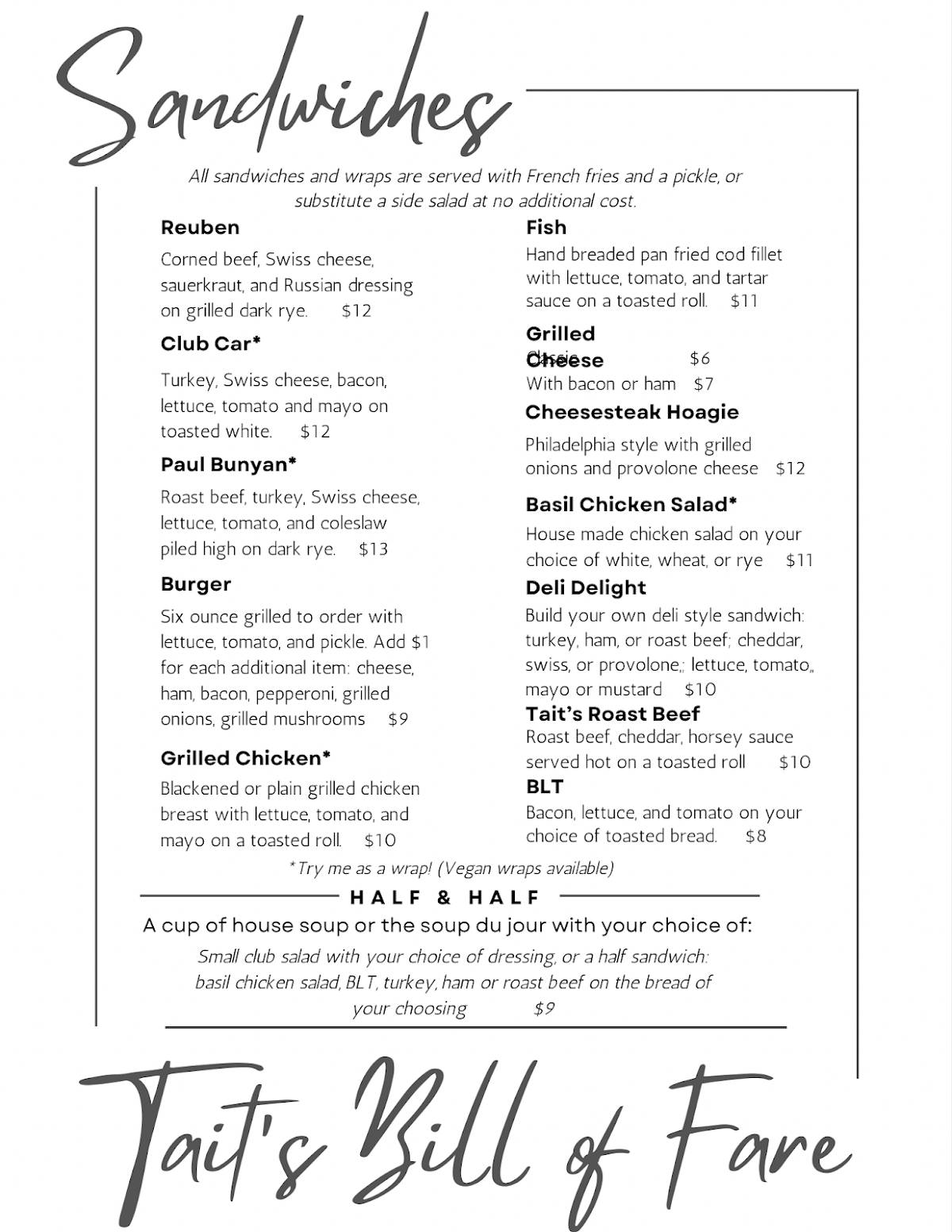 Menu at Tait's Bill of Fare BBQ, Oscoda Township