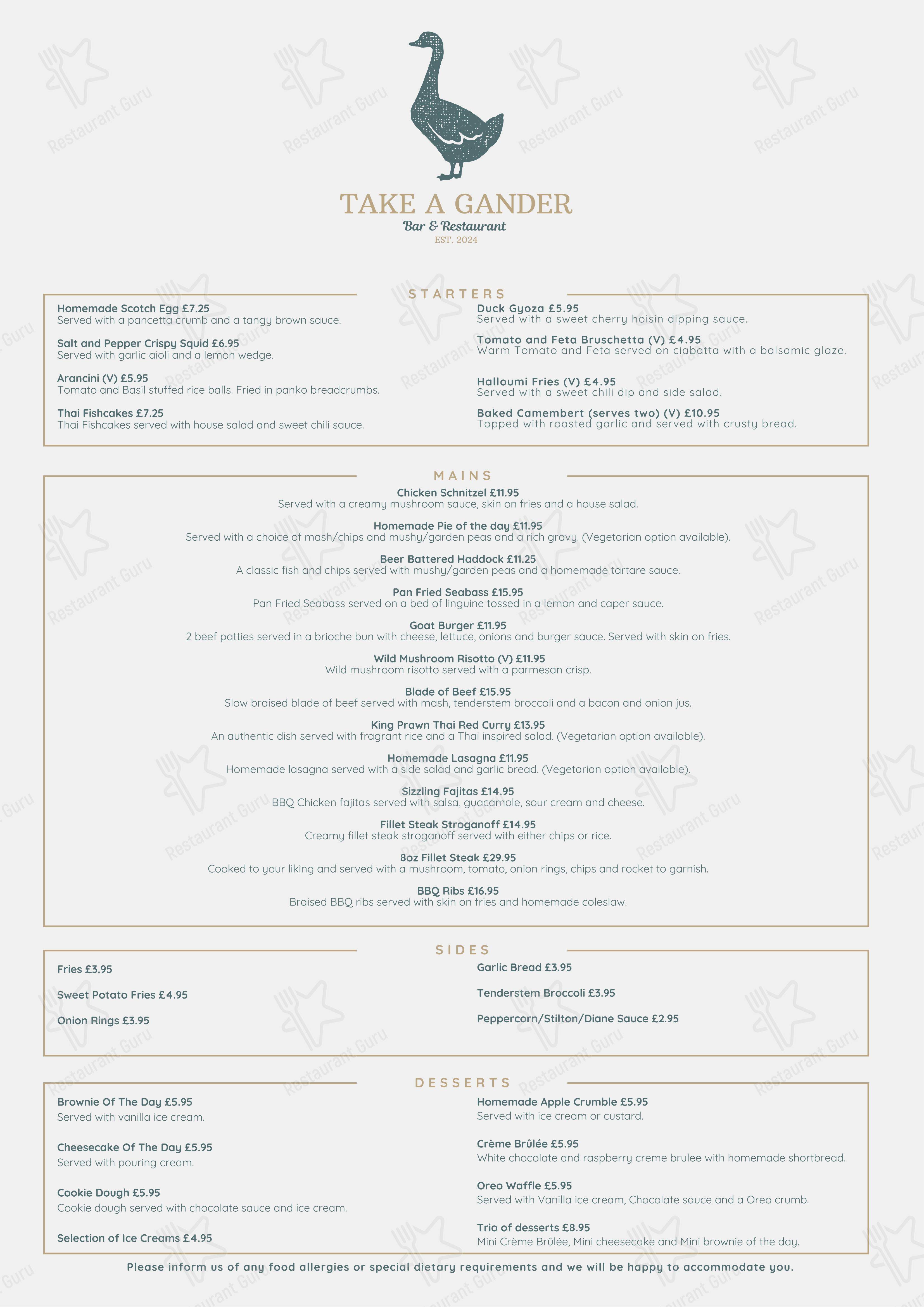 Menu at Take a Gander restaurant, Scunthorpe, 1 High St