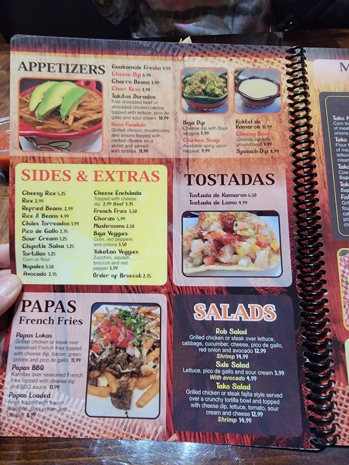 Menu at Takos Borukas restaurant, Jackson