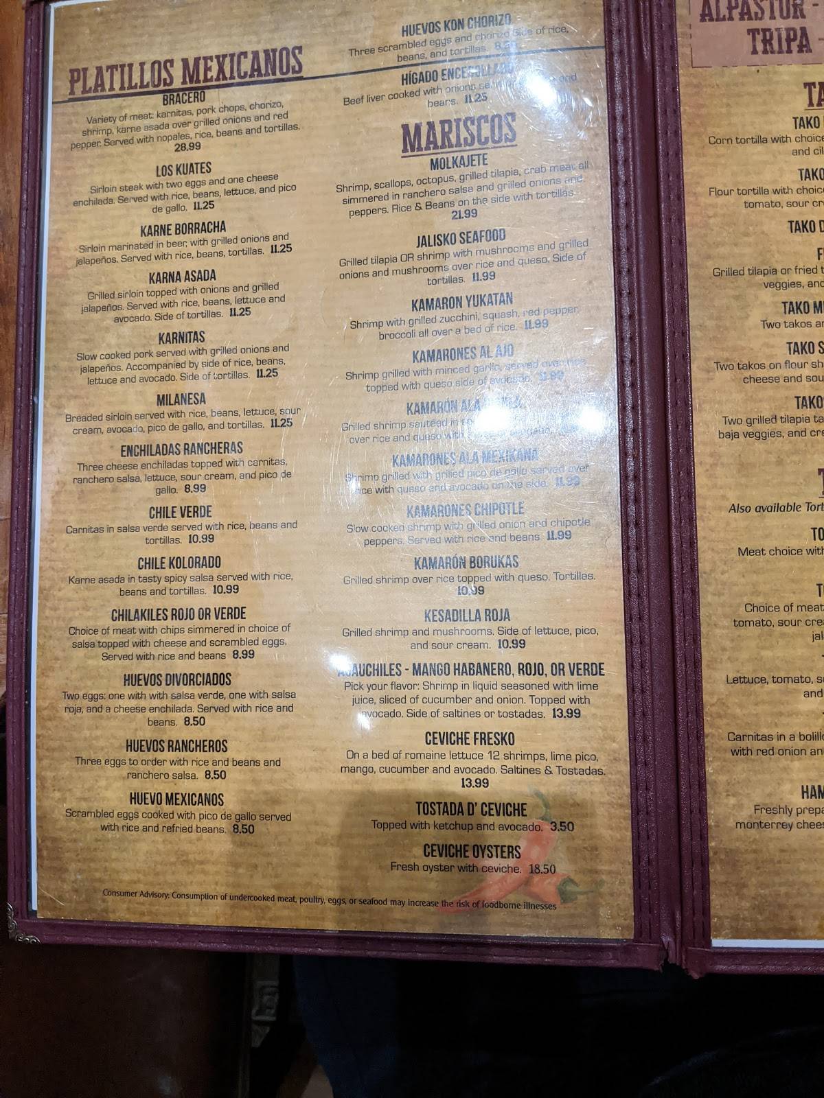 Menu at Takos Borukas restaurant, Jackson